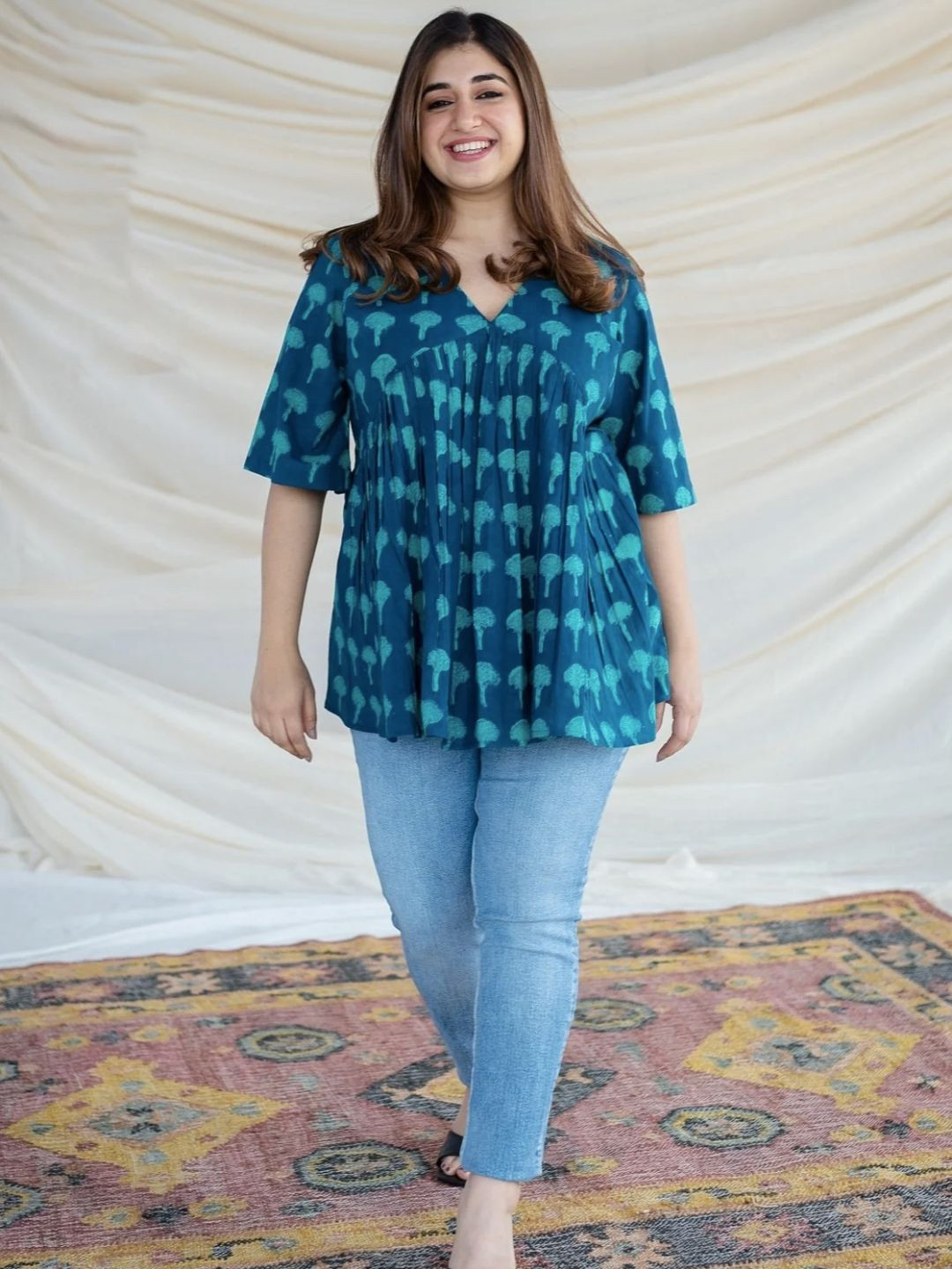 Buy THE INDIAN ETHNIC CO Teal A Line Dabu Cotton Short Top - Tops for ...