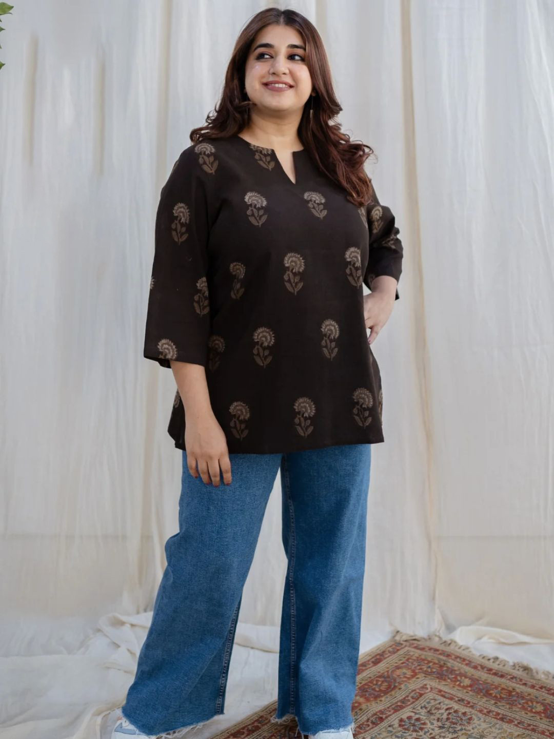 Buy THE INDIAN ETHNIC CO Coffee Straight Dabu Slub Cotton Short Top ...