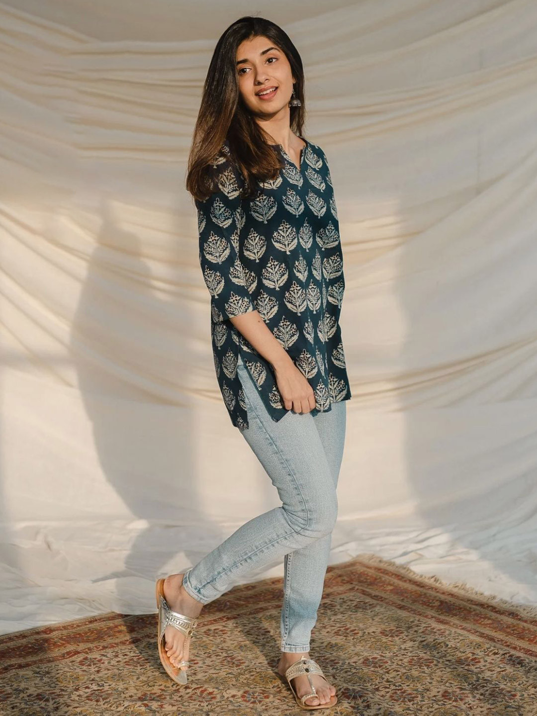 Buy THE INDIAN ETHNIC CO Blue Straight Ajrakh Cotton Short Top - Tops ...