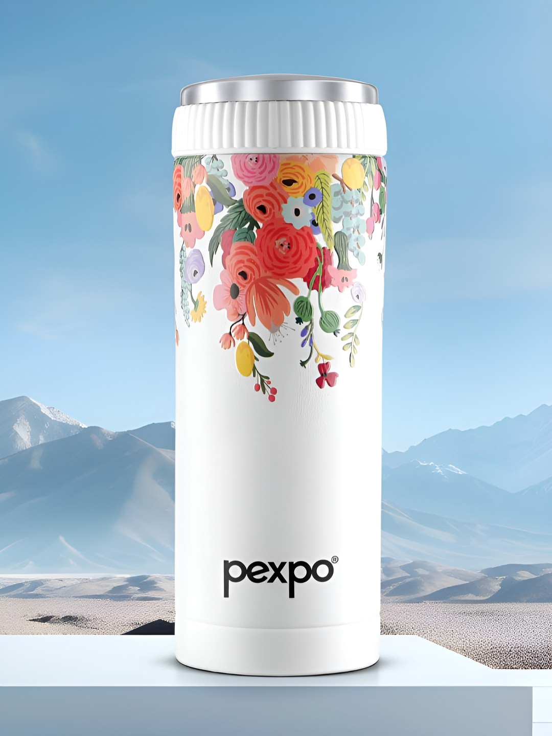 Buy Pexpo White & Red Floral Printed Stainless Steel Double Wall Vacuum ...