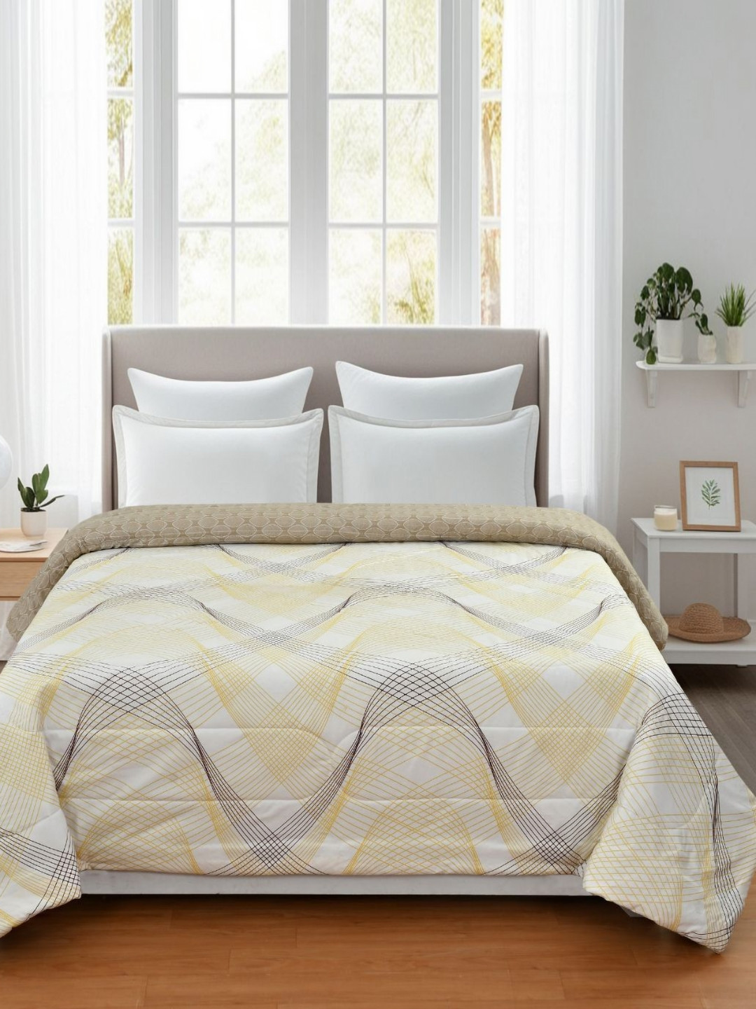 Buy Florida Kian White & Yellow Geometric Microfiber 950 GSM Double Bed ...