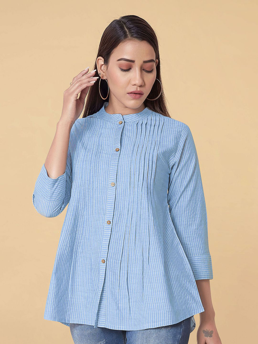 Buy Moda Rapido Women Striped Mandarin Collar Cotton Shirt Style Top ...