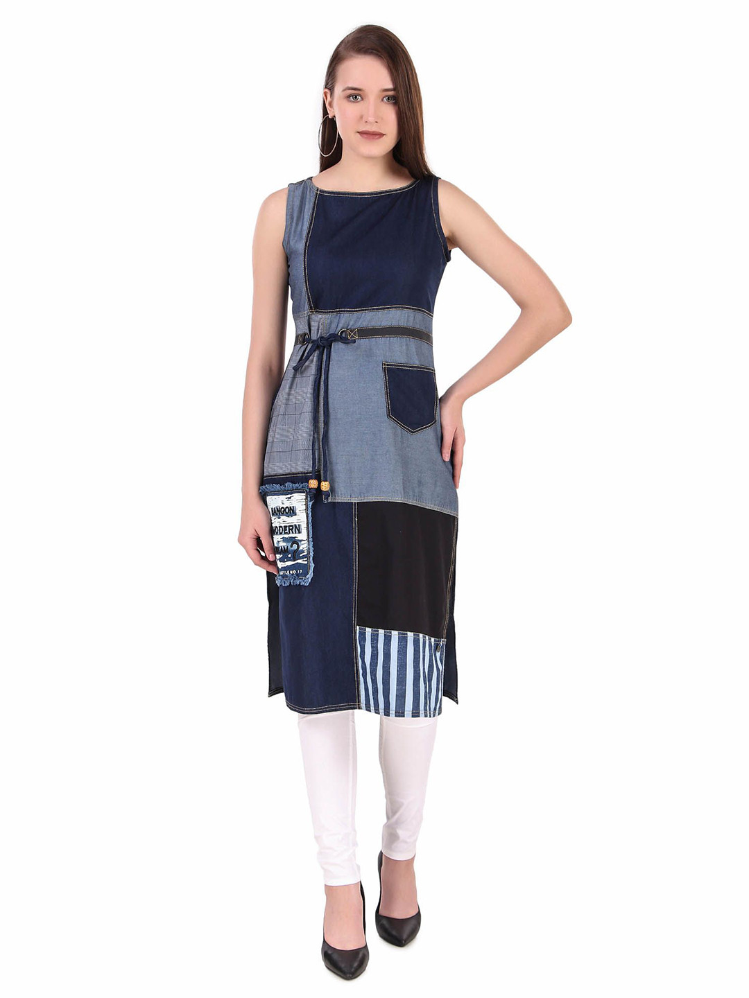 Buy Pose India Striped Patch Work Denim Straight Kurta - Kurtas for ...