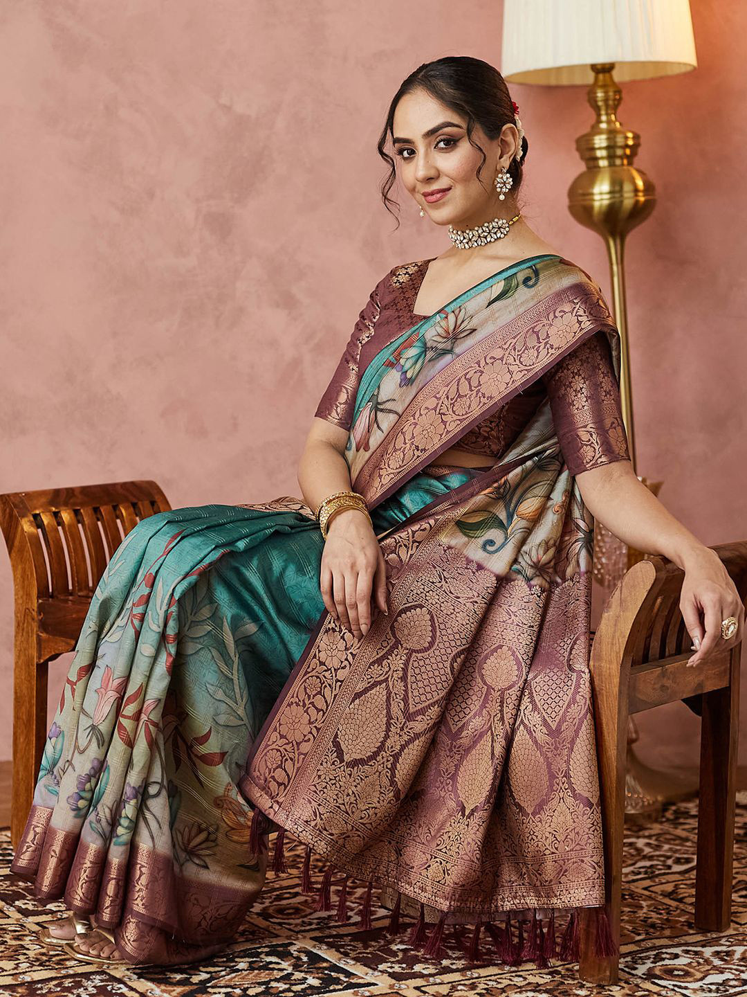 Buy Satrani Flora LPrinted Zari Pure Silk Saree - Sarees for Women ...