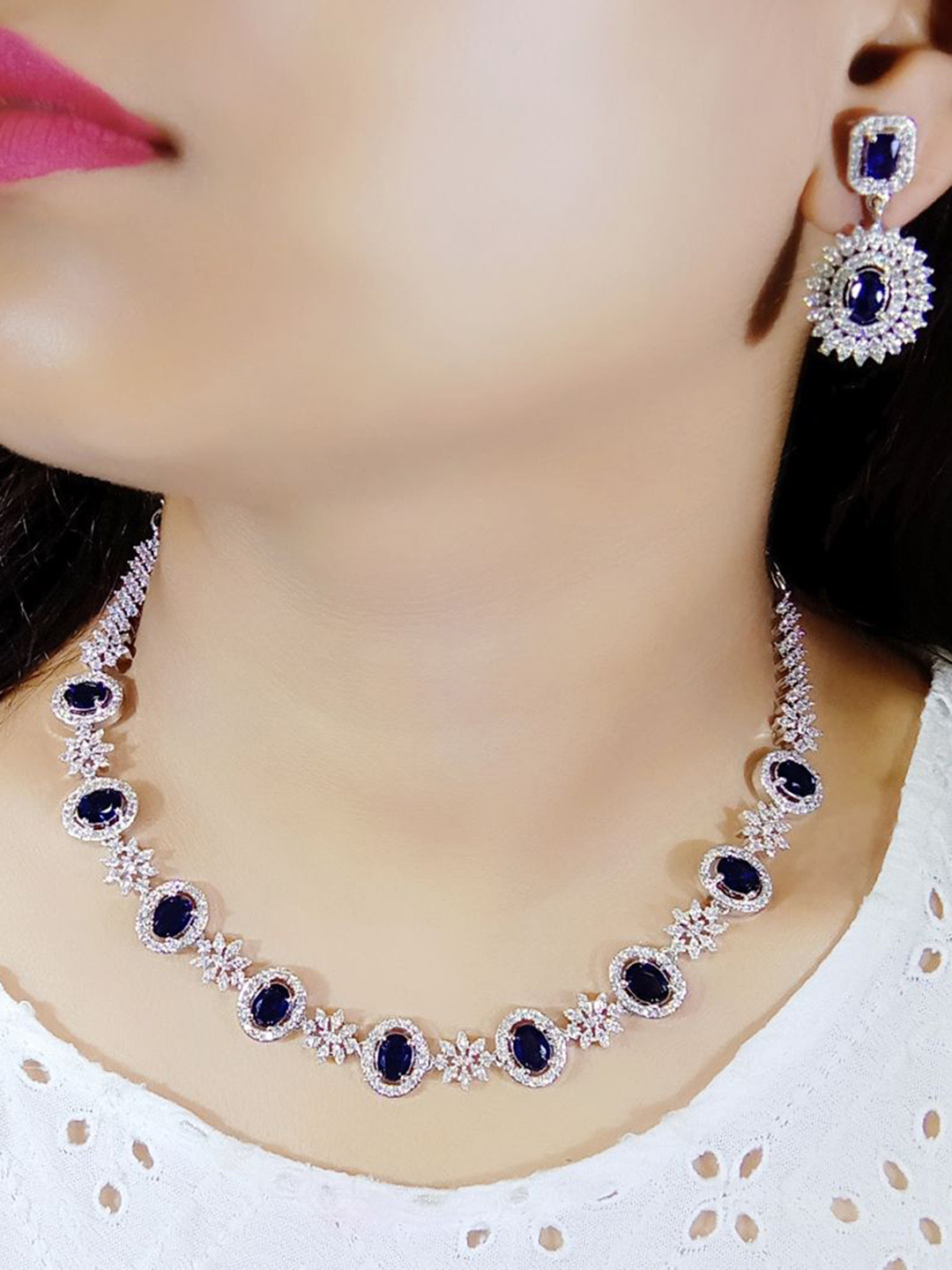 Buy Ladymania Silver Plated American Diamond Studded Jewellery Set ...