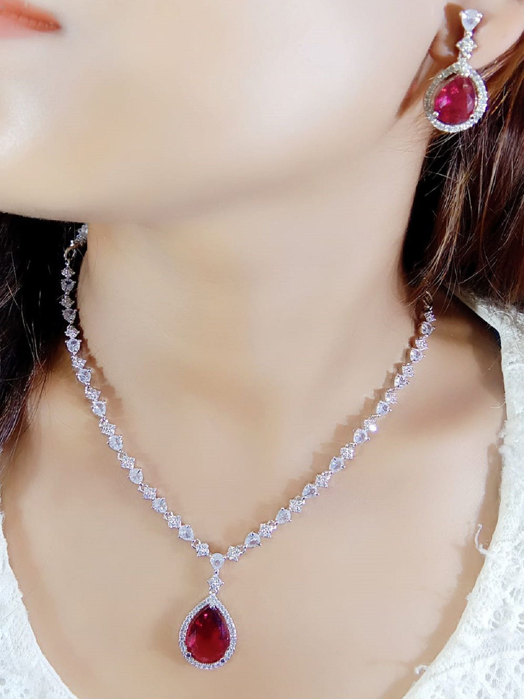 Buy Ladymania Silver Plated American Diamond Studded Jewellery Set ...