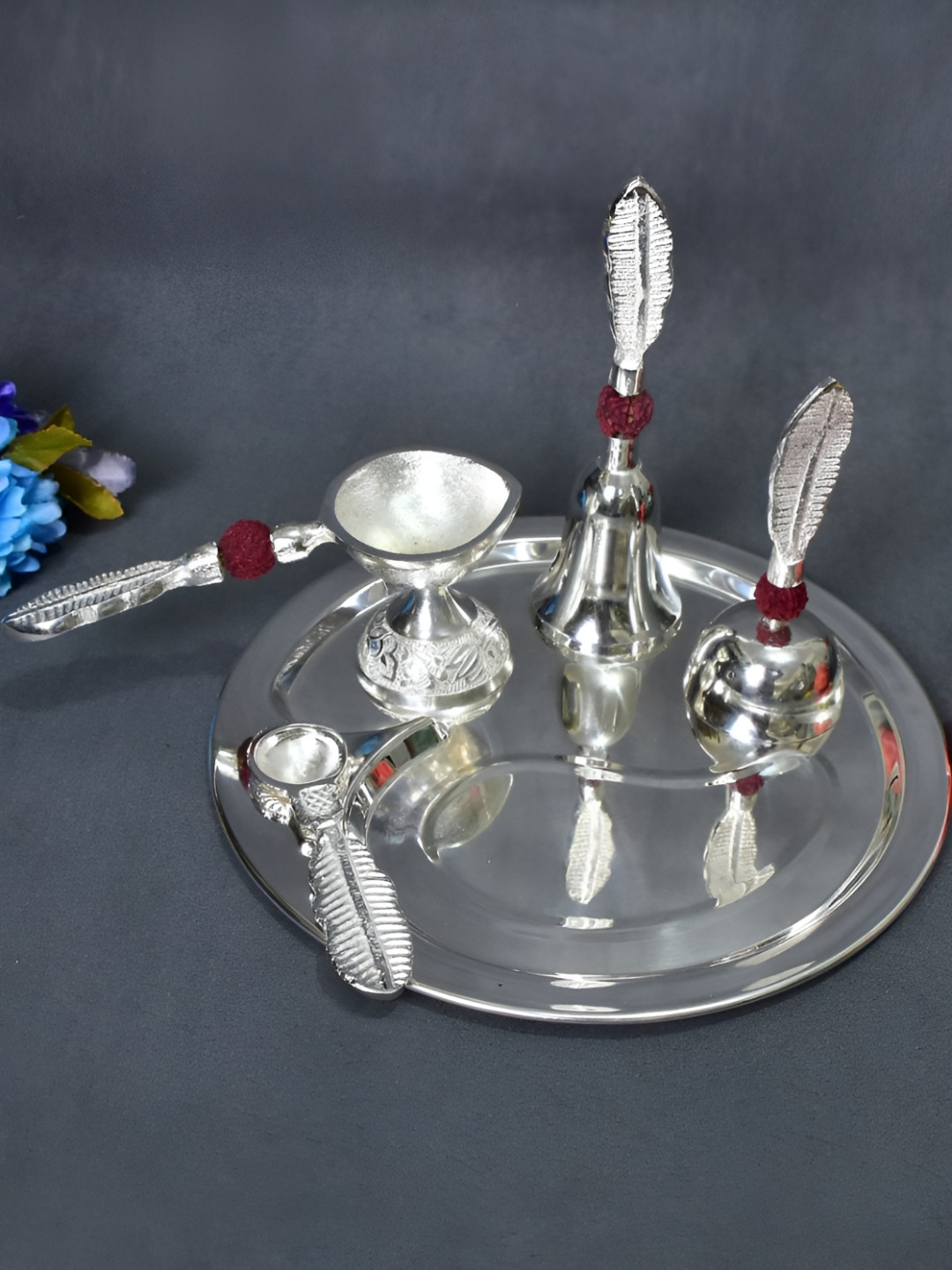 Buy THE HOME CO. Grey Metal Rudraksha Ganesh Pooja Thali Set - Pooja ...