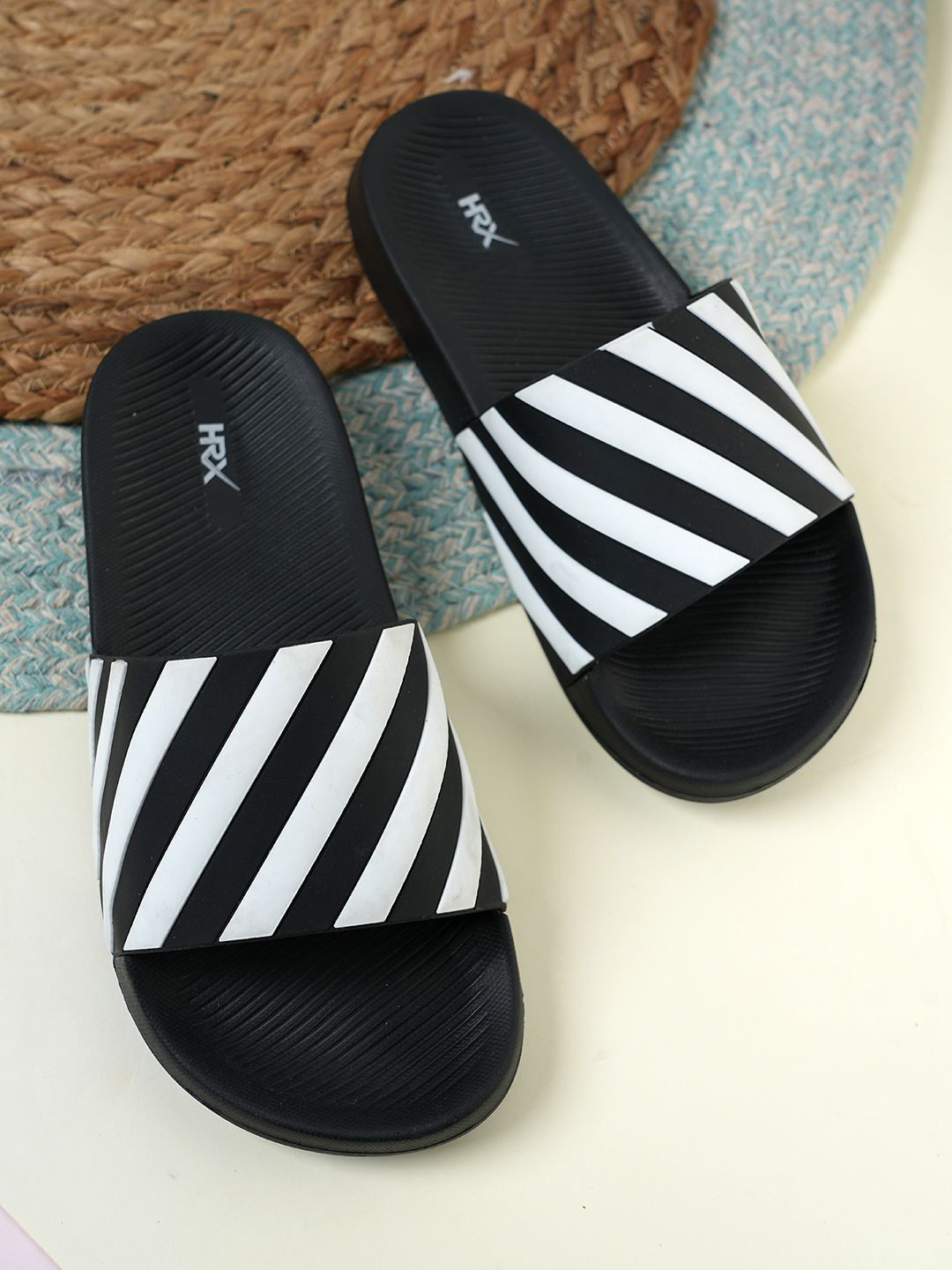 Buy HRX By Hrithik Roshan Women Striped Rubber Sliders - Flip Flops for ...