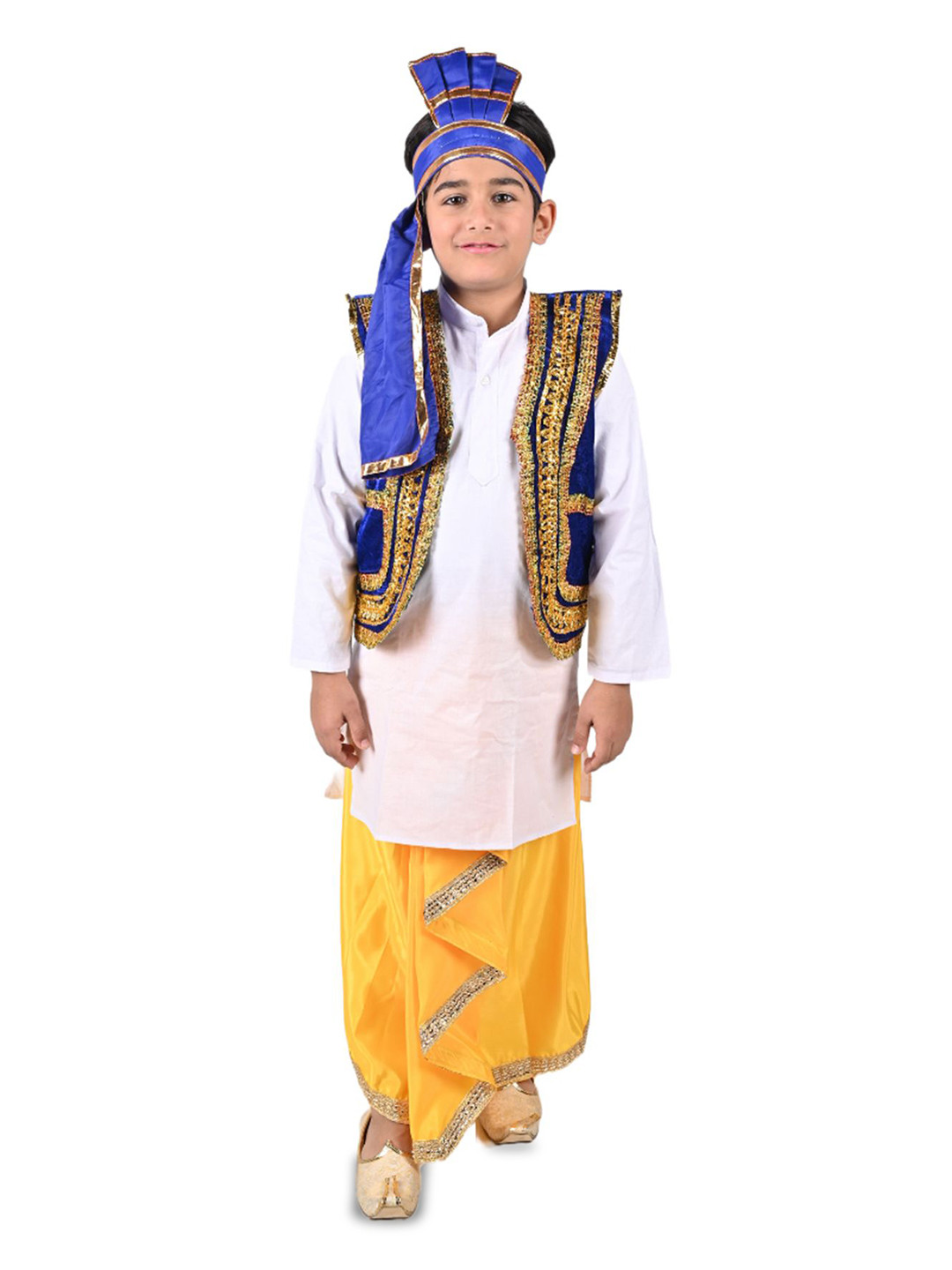 Buy Itsmycostume White And Yellow Punjabi Folk Dance Costume Set With Blue Jacket & Turra ...