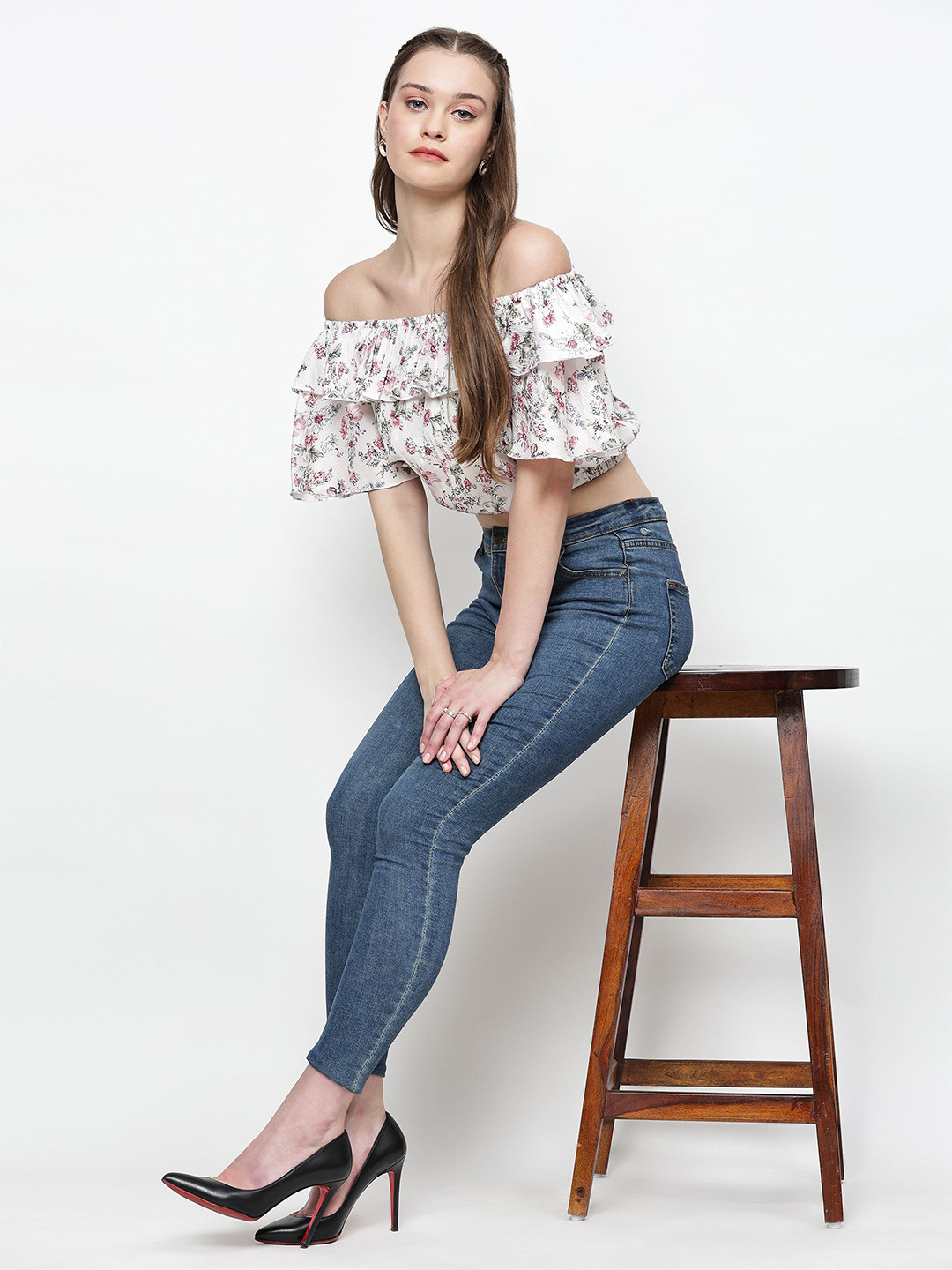 Buy TrendRush Floral Printed Off Shoulder Flared Sleeve Ruffles Bardot ...