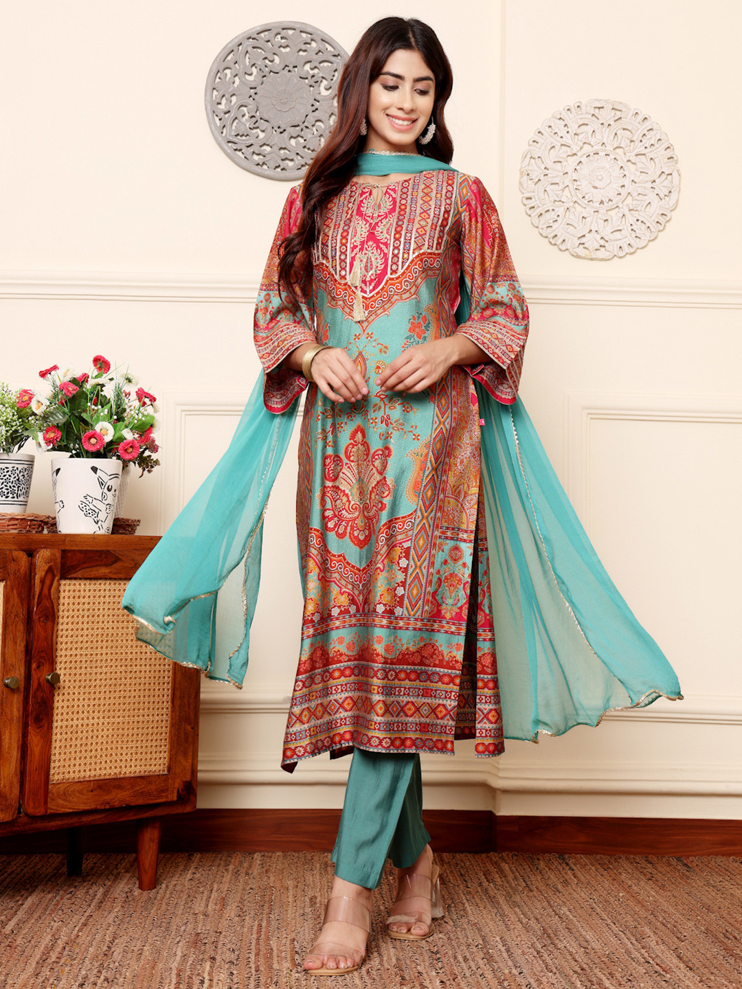 Buy Varanga Ethnic Motifs Printed Chanderi Silk Kurta With Trousers And ...