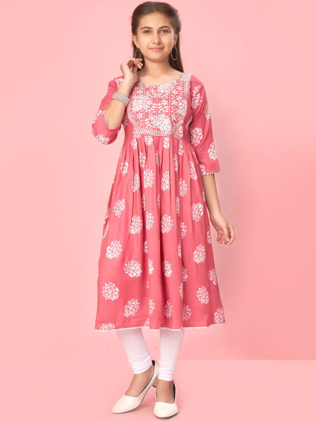 Buy Sangria Girls Pink Floral Printed Thread Work Round Neck Pure ...