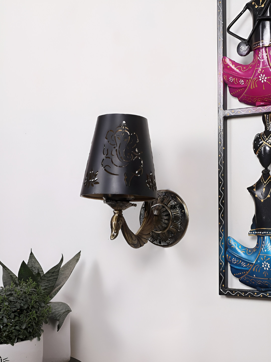 Buy Aura Gold Toned & Black Metal Traditional Frustum Shaped Wall Lamp ...