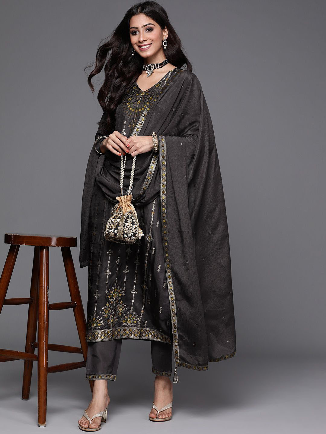Buy Libas Ethnic Motifs Woven Design Zari Work V Neck Straight Kurta With Trousers And Dupatta ...