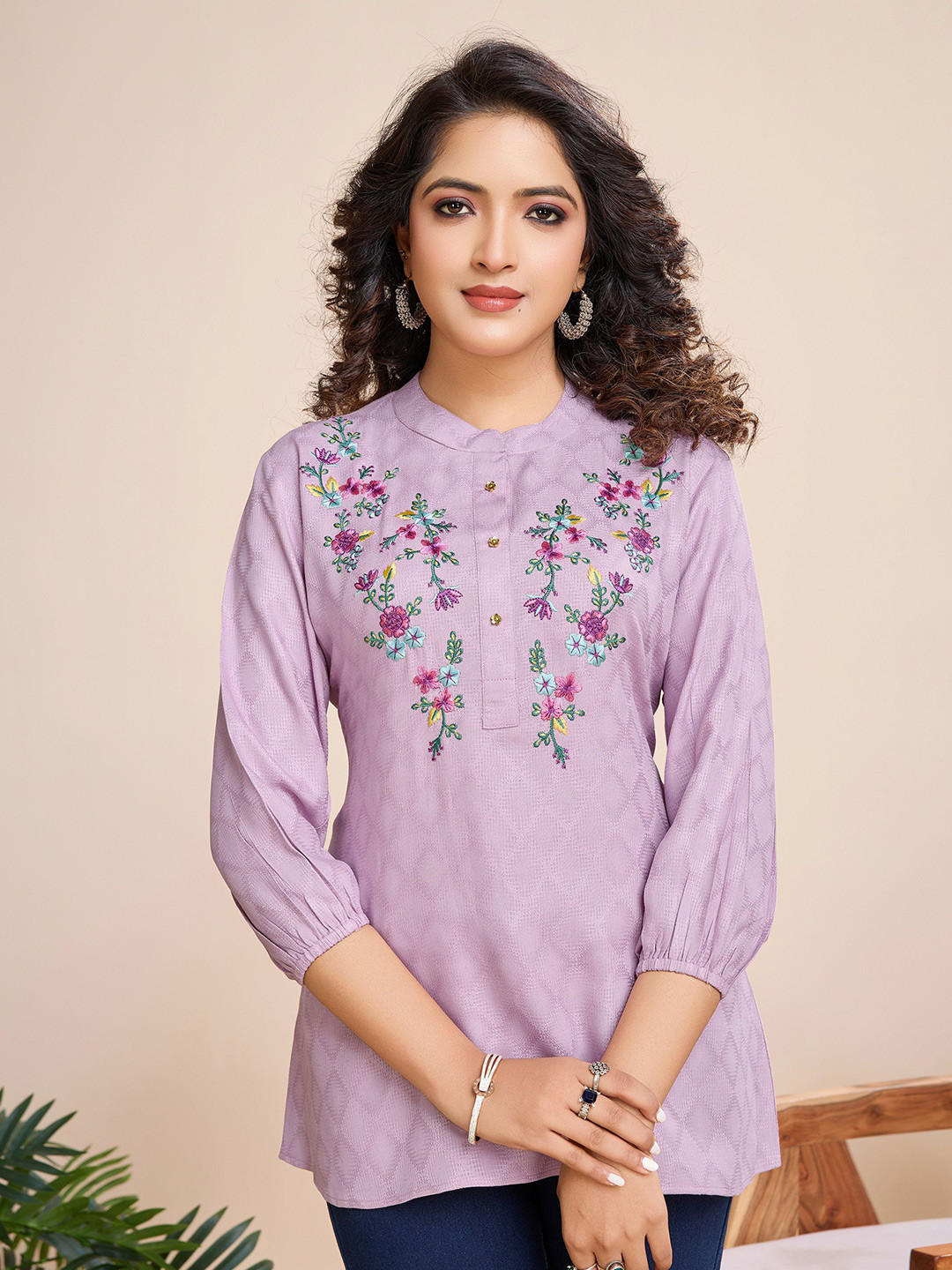 Buy MOJILAA Floral Embroidered Mandarin Collar Puff Sleeve A Line Top ...
