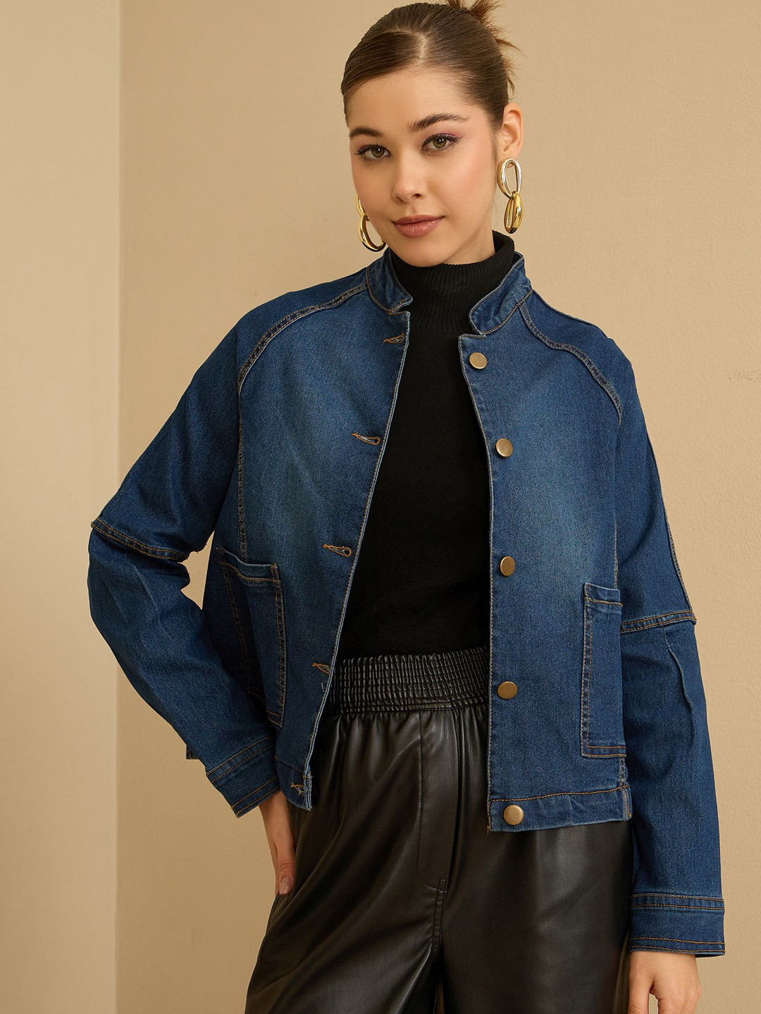 Buy Antheaa Women Mandarin Collar Washed Solid Casual Denim Jacket ...