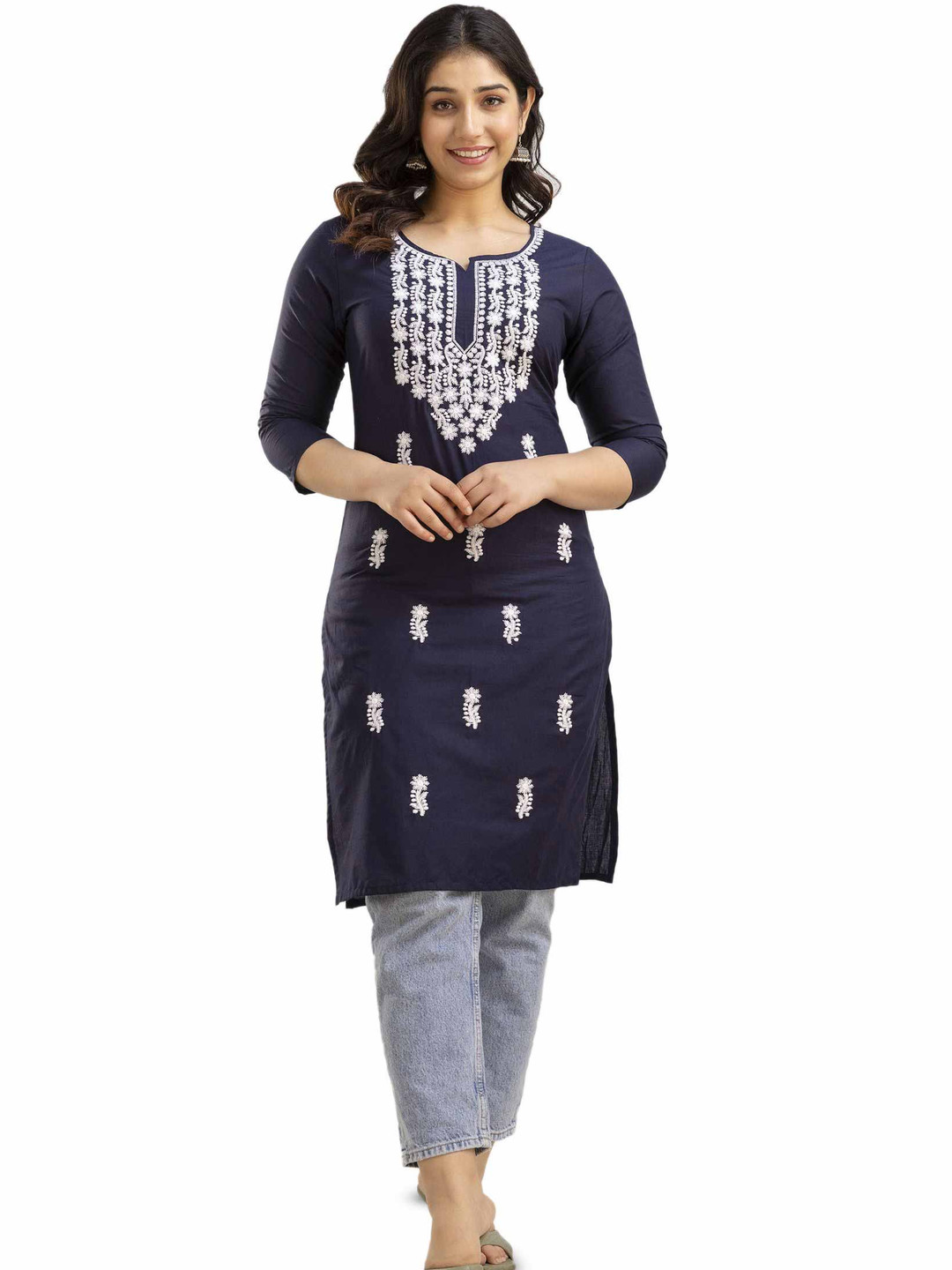 Buy GUNDIA FASHION Floral Embroidered Notch Neck Thread Work Pure ...