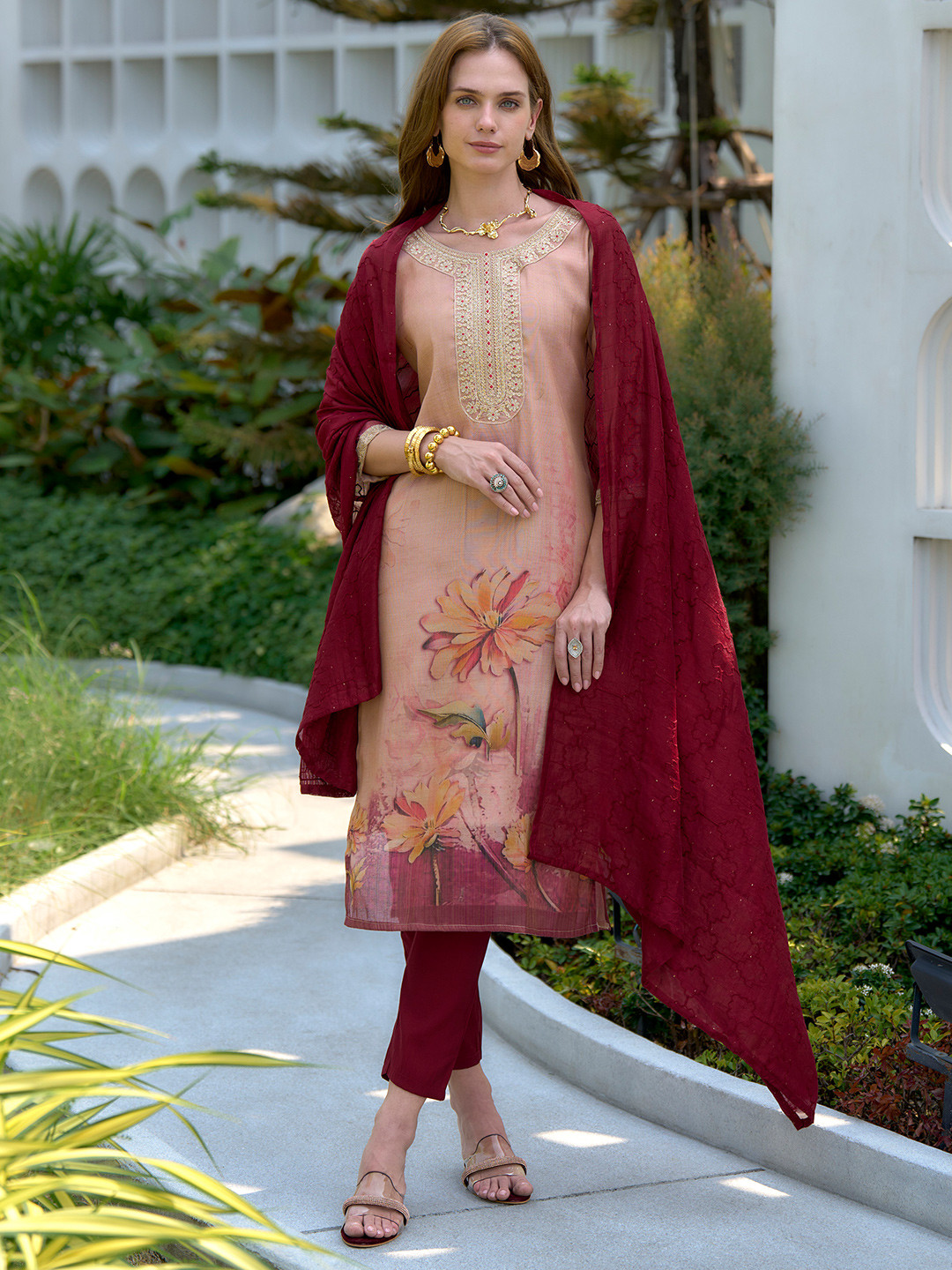 Buy SHREE LAXMINARAYAN EXPORT Floral Embroidered Straight Kurta With Trousers And Dupatta ...