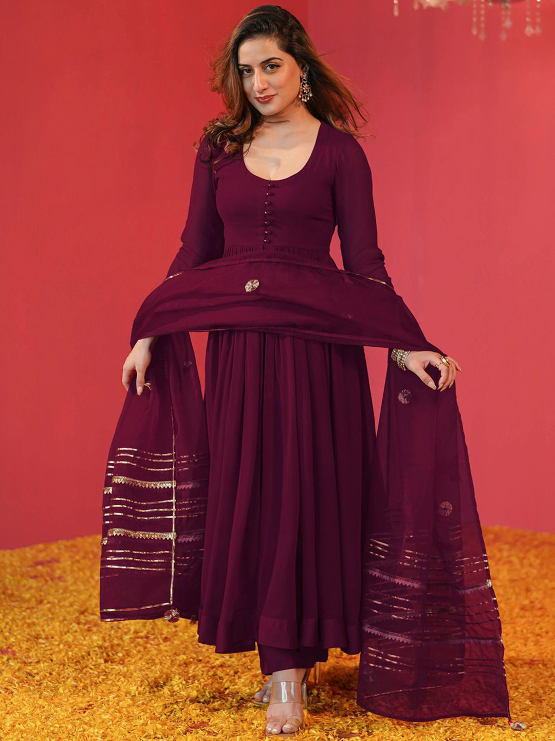 Buy Anni Designer Round Neck Pleated Gotta Patti Anarkali Kurta With ...