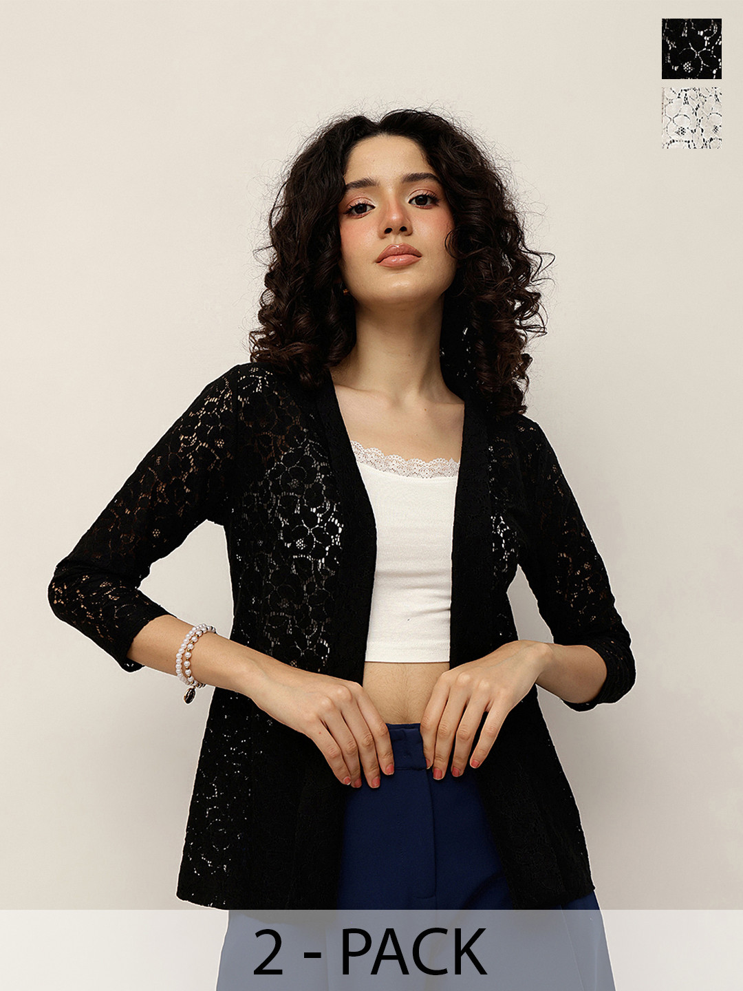 Buy Espresso Pack Of 2 Self Design Lace Open Front Shrug - Shrug for ...