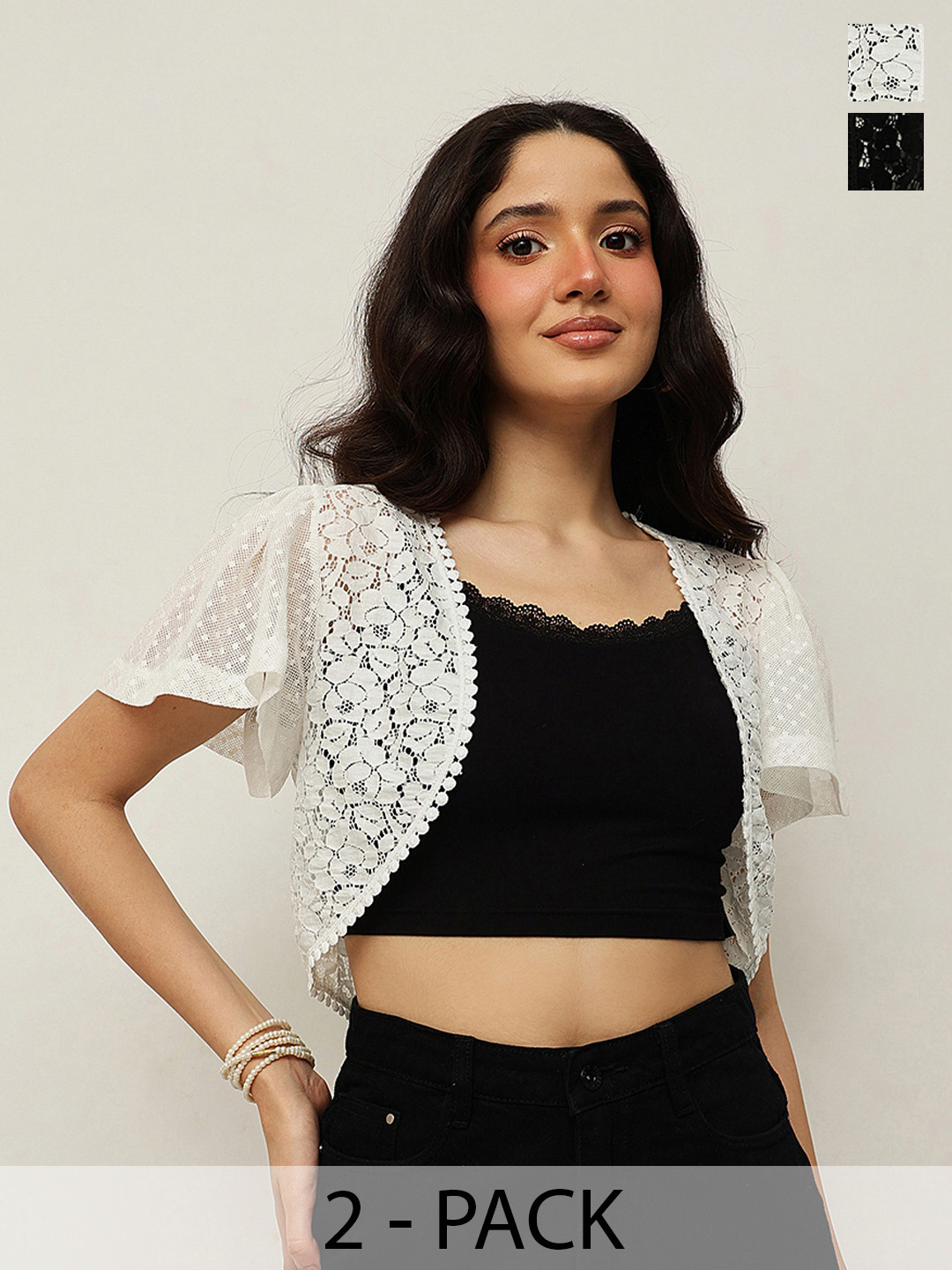 Buy Espresso Pack Of 2 Self Design Lace Open Front Shrug - Shrug for ...