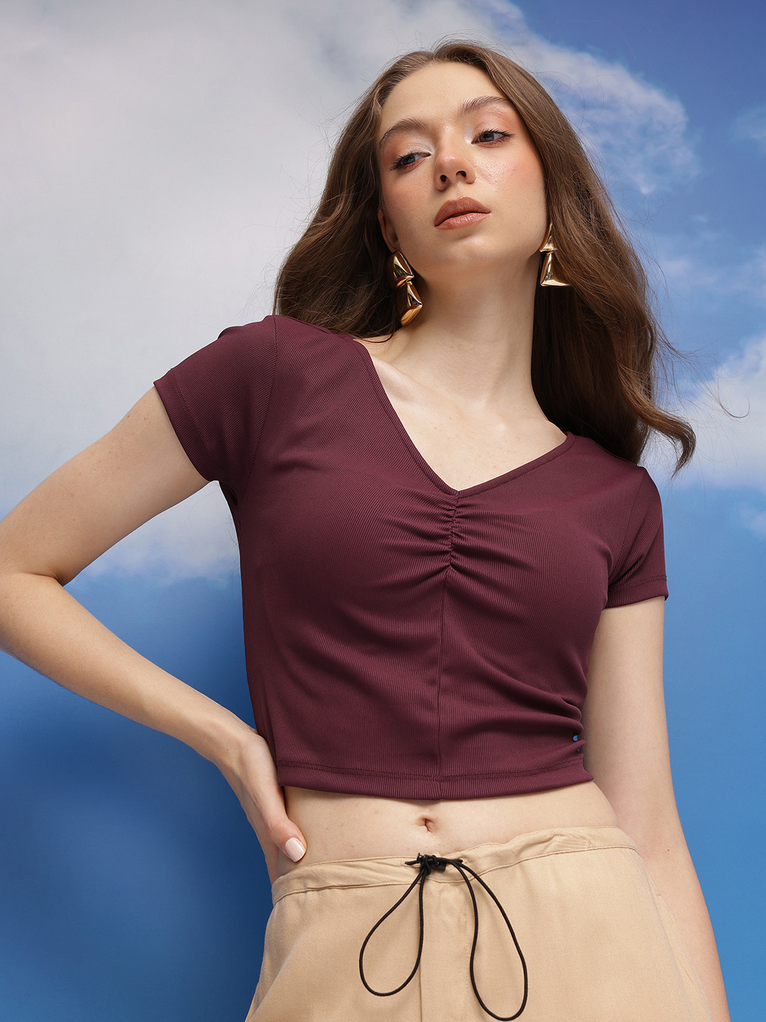 Buy CORSICA Ribbed V Neck Ruched Effect Crop Top - Tops for Women ...