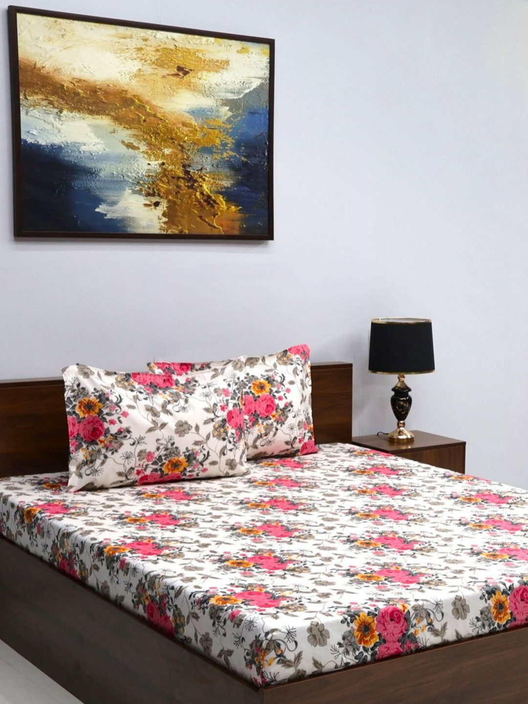 Buy Steve & Anderson Plush White Floral Printed 140 TC Queen Bedsheet ...