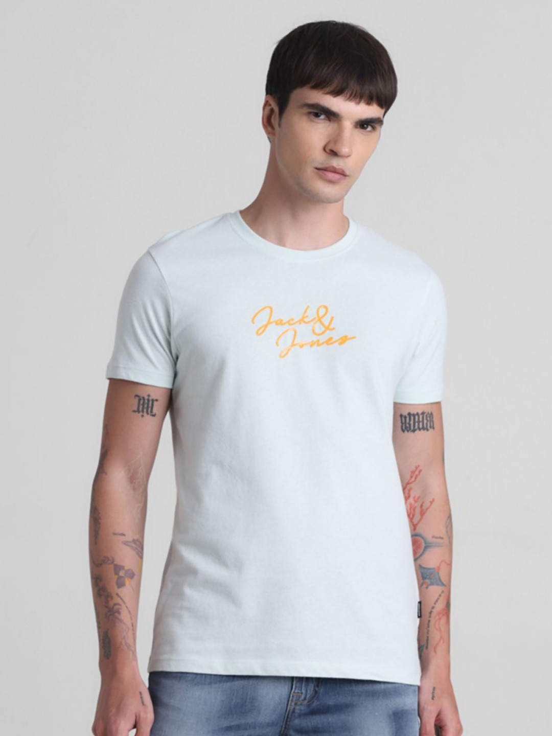 Buy Jack & Jones Men Typography Printed Round Neck Cotton T Shirt ...
