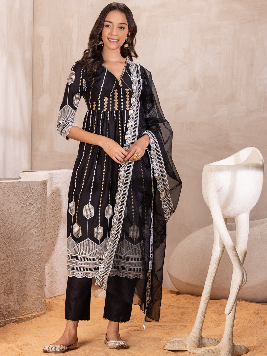 Buy SEW Geometric Embroidered Gotta Patti Pure Cotton A Line Kurta With ...