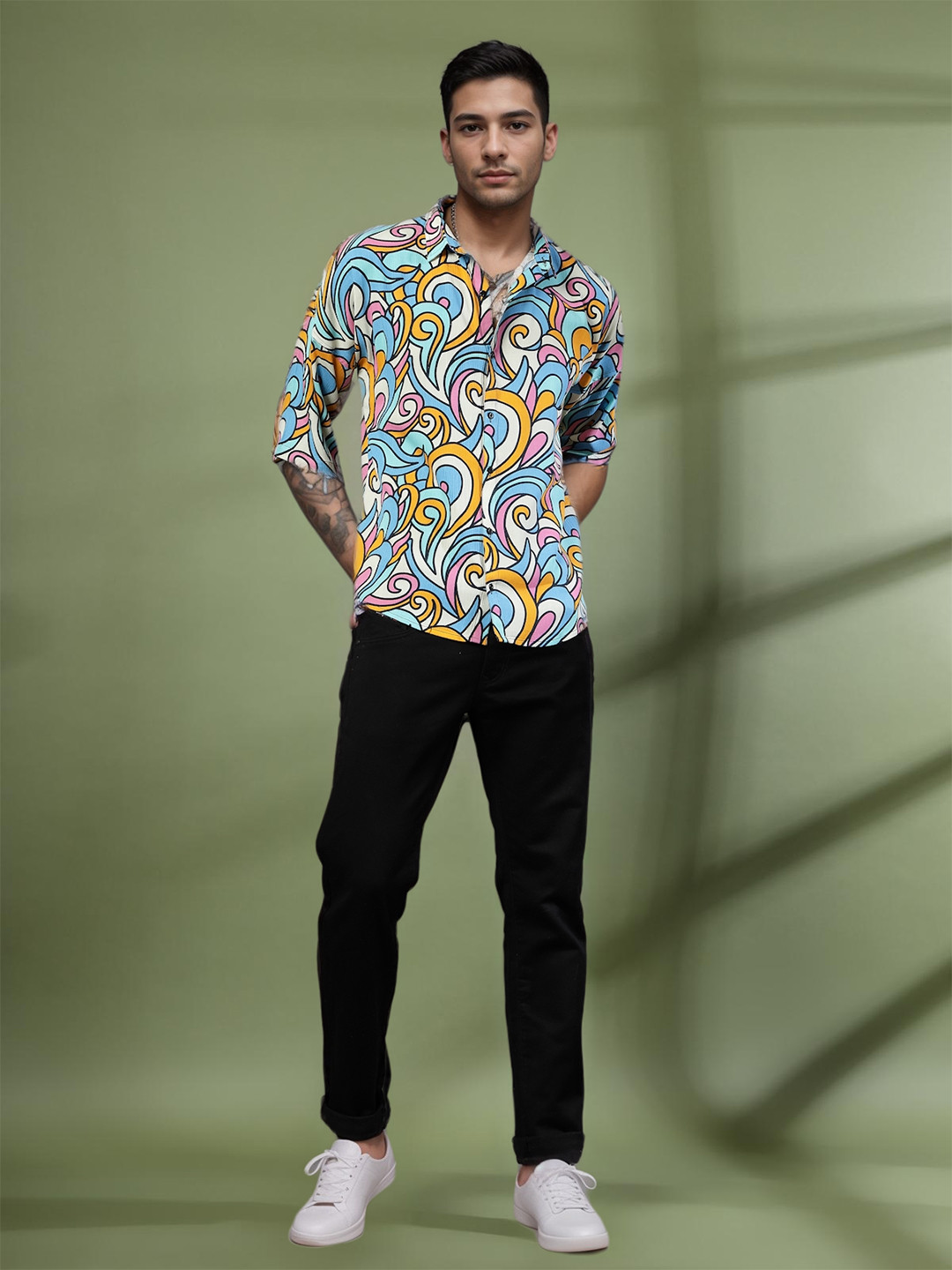 Buy Rigo Men Comfort Relaxed Fit Spread Collar Abstract Printed Casual ...