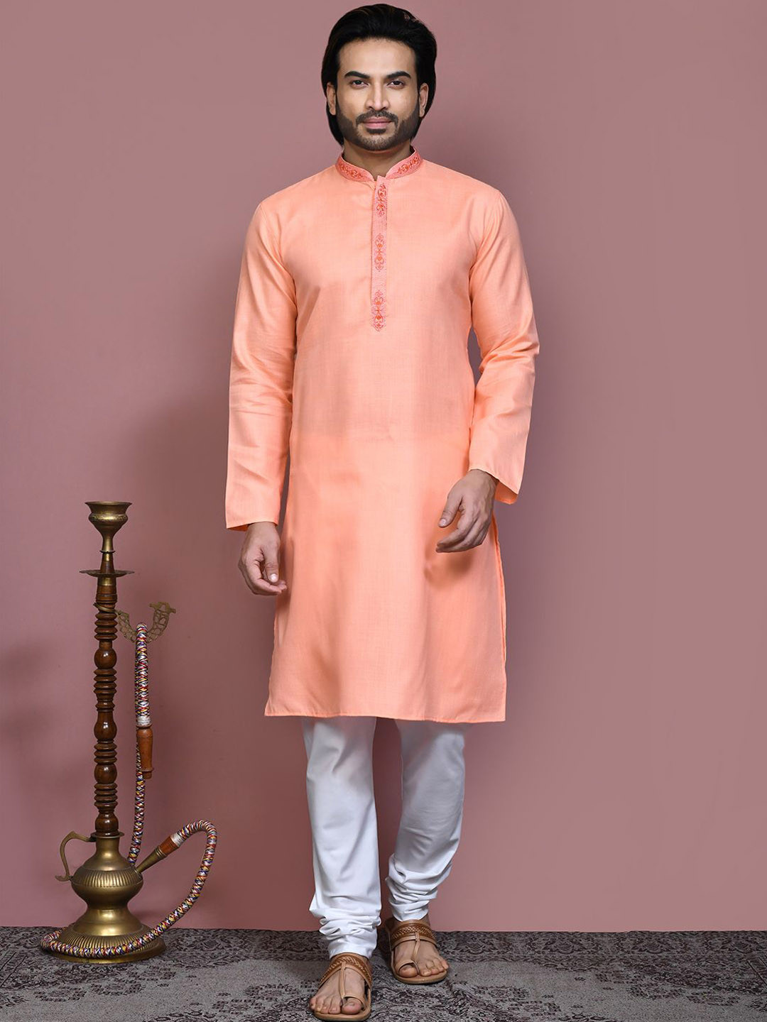 Buy RANAK Thread Work Mandarin Collar Pure Cotton Straight Kurta ...