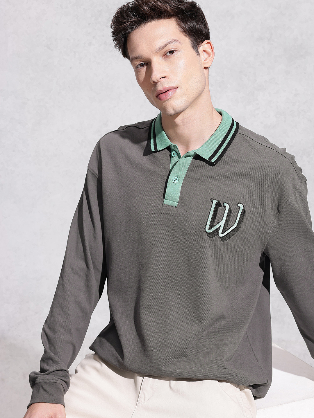 Buy WROGN Brand Logo Embroidered Pure Cotton Oversized Polo Collar T ...