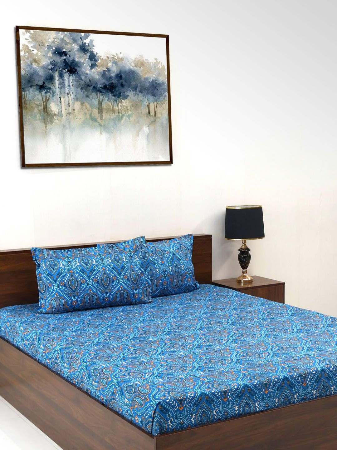 Buy Steve & Anderson Elevate Blue & White Motifs 164 TC Queen Bedsheet ...