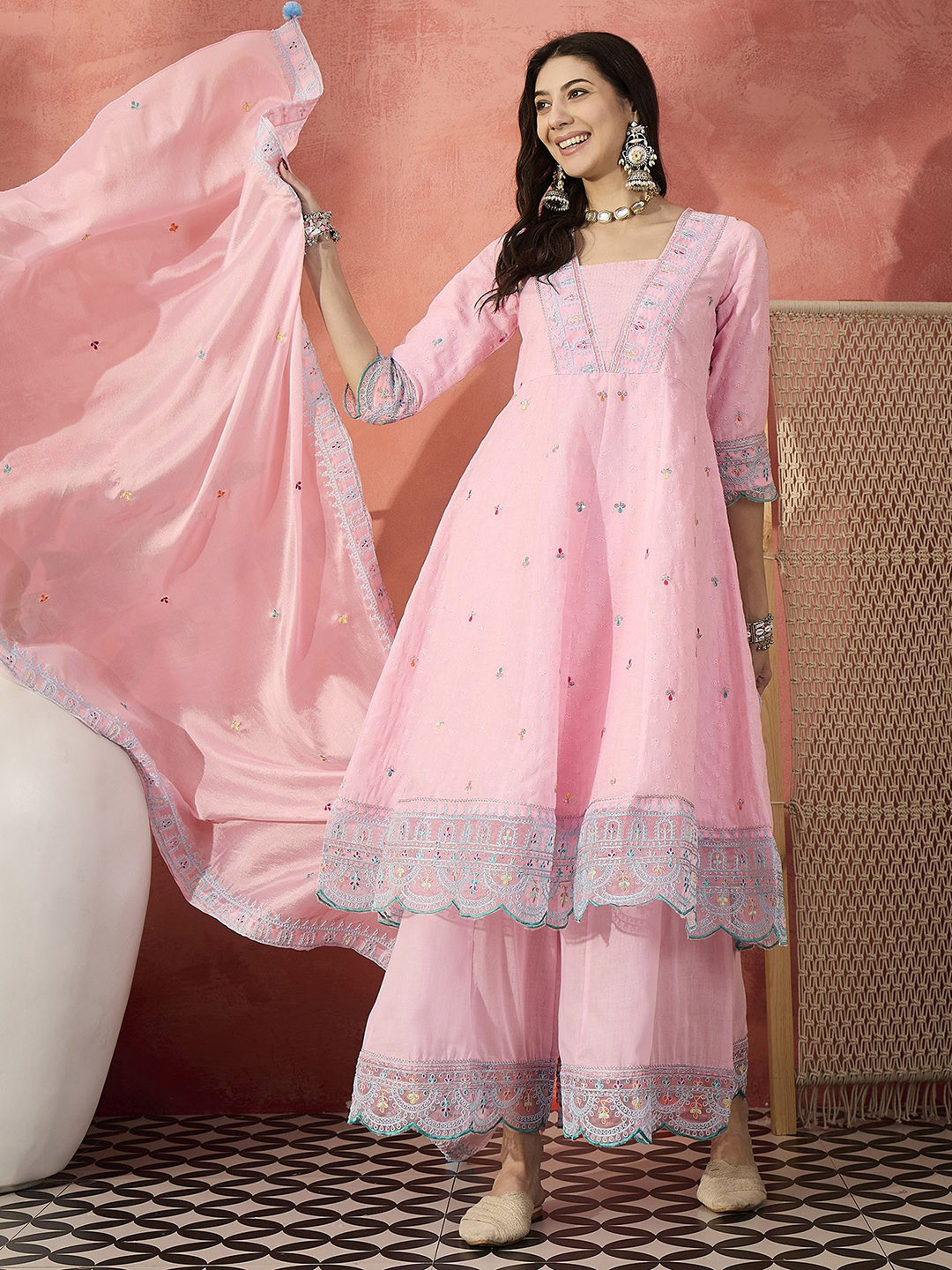 Buy Sangria Embroidered Pure Cotton V Neck Anarkali Kurta & Trousers With Dupatta - Kurta Sets ...