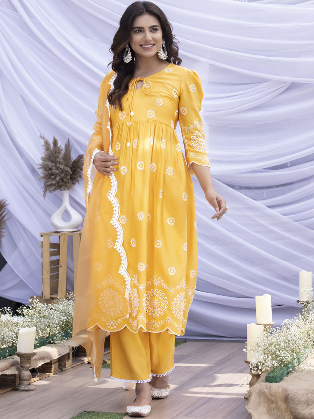 Buy SEW Floral Embroidered Tie Up Neck Pure Cotton Anarkali Kurta With ...