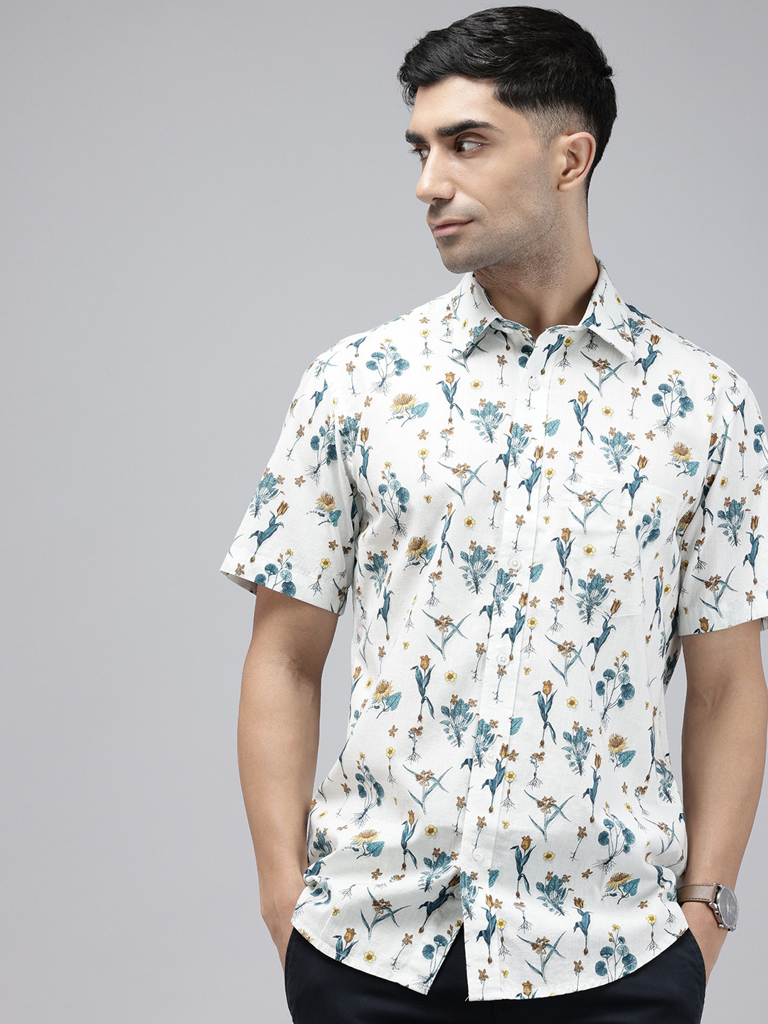 Buy ColorPlus Pure Cotton Tailored Fit Floral Printed Casual Shirt ...