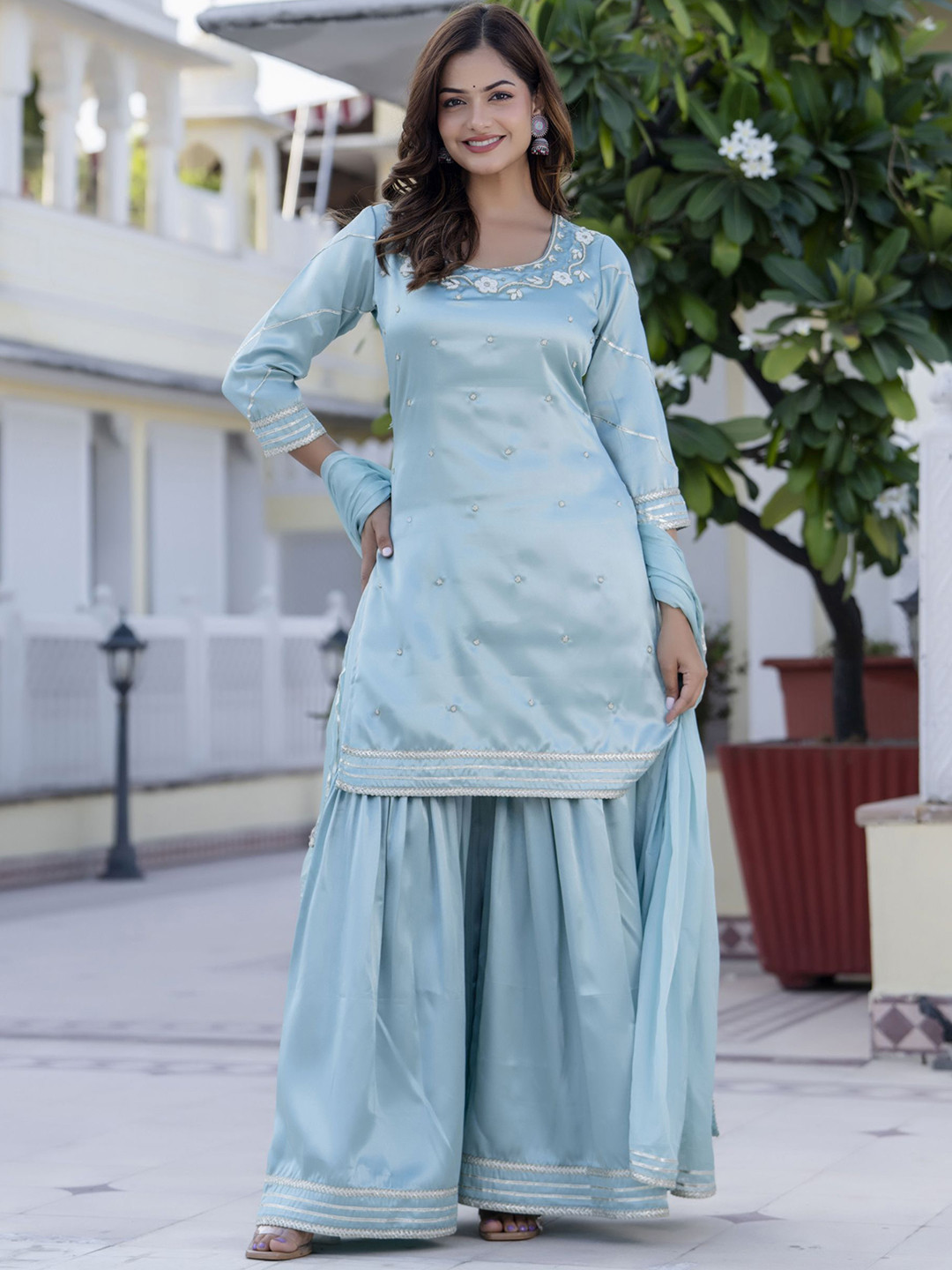 Buy Anouk Blue Floral Embroidered Round Neck Straight Kurti With ...