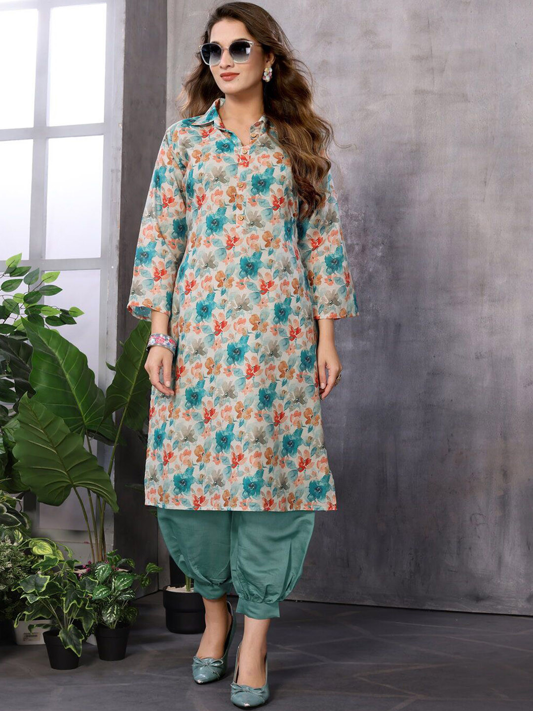 Buy SHISHKALA Floral Printed Shirt Collar Pure Cotton Straight Kurta ...