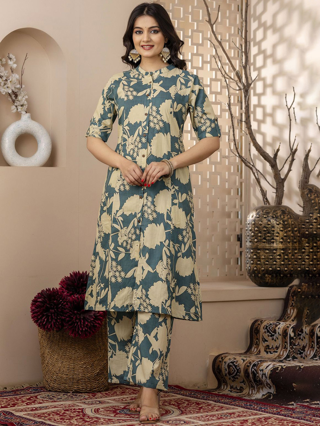 Buy MF Hayat Floral Printed Pure Cotton Band Collar A Line Kurta With ...