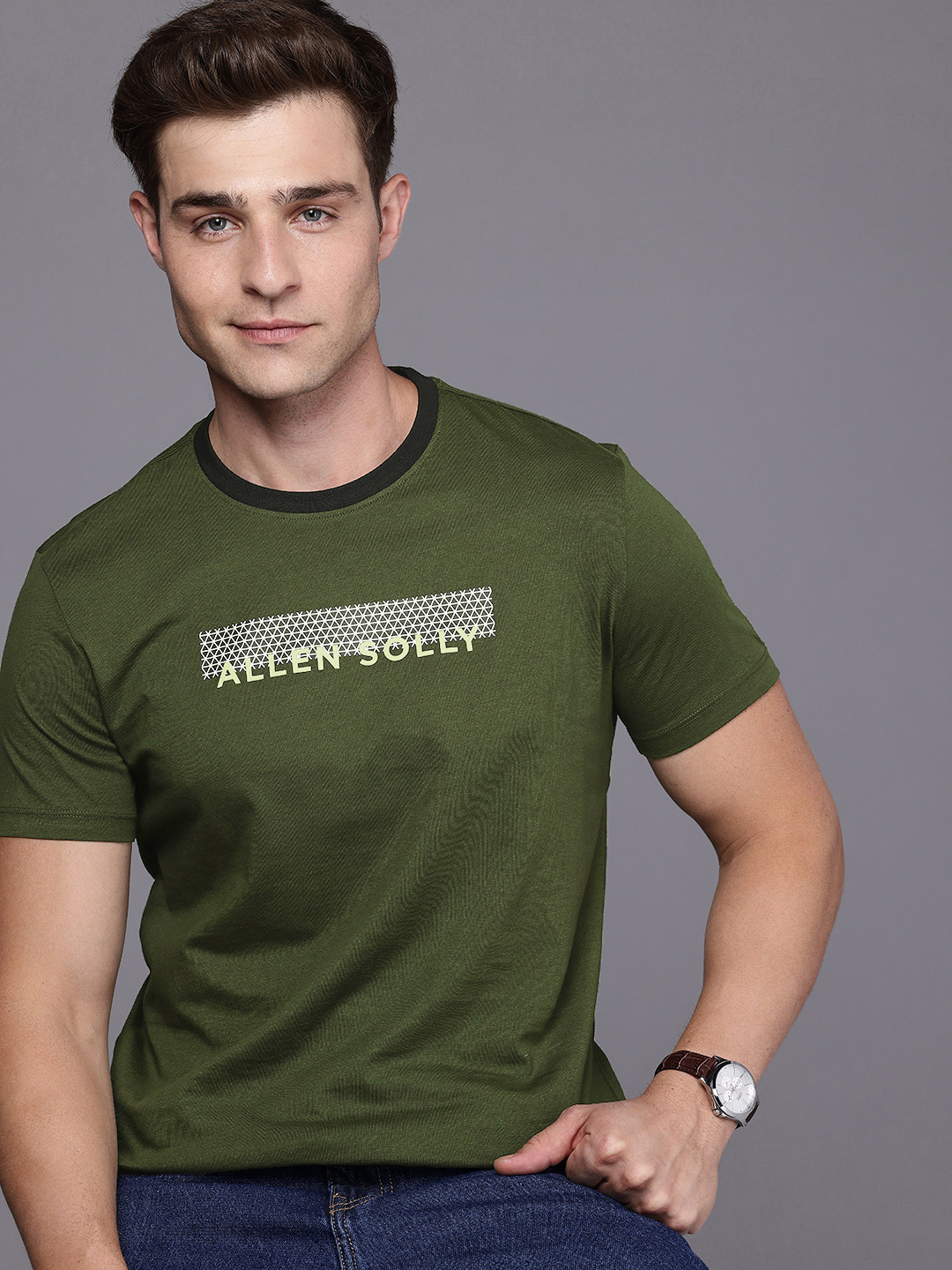 Buy Allen Solly Brand Logo Printed Pure Cotton Slim Fit T Shirt ...