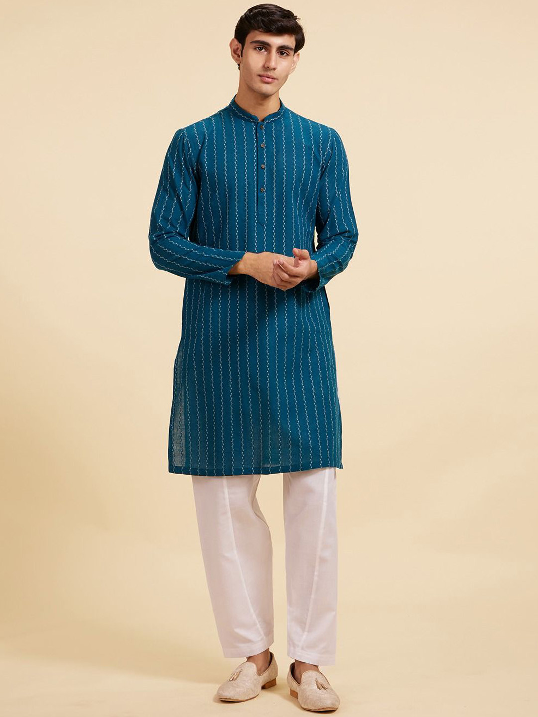 Buy Diwas By Manyavar Striped Printed Woven Design Cotton Mandarin ...