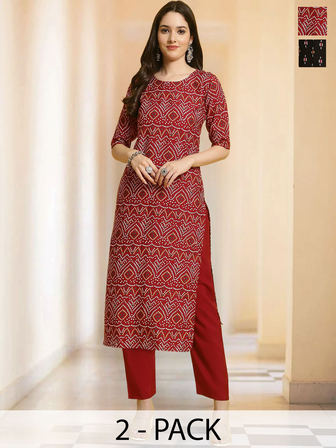 Buy 7Threads Selection Of 2 Bandhani Printed Straight Kurtas With Trousers - Kurta Sets for ...
