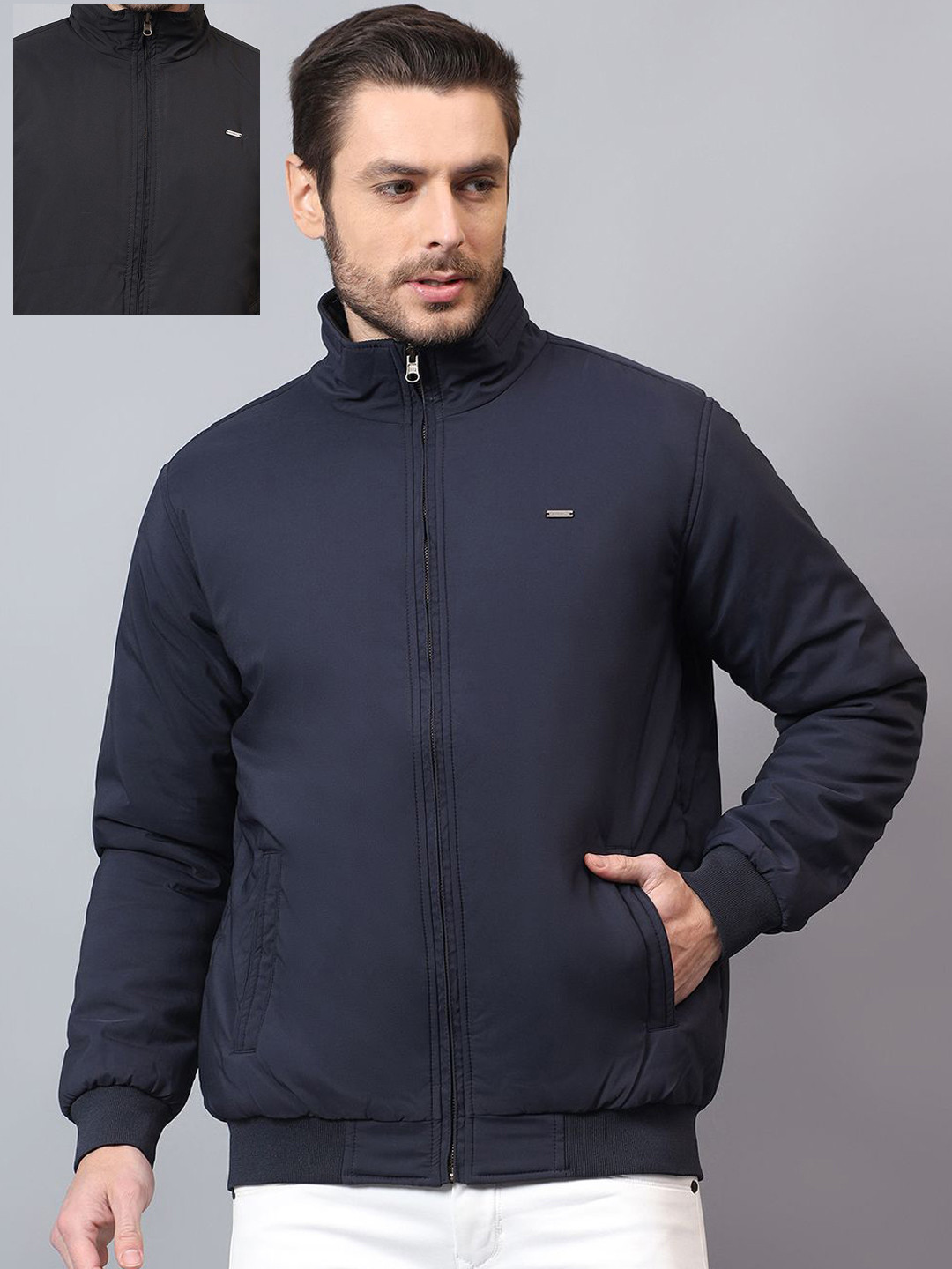 Buy Cantabil Men Mock Collar Solid Casual Reversible Bomber Jacket ...