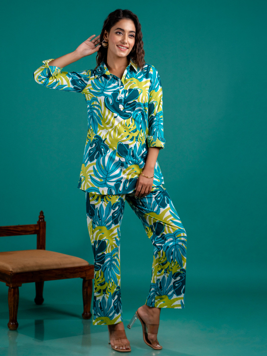 Buy Anouk Green Floral Printed Shirt Collar Pure Cotton Tunic And ...