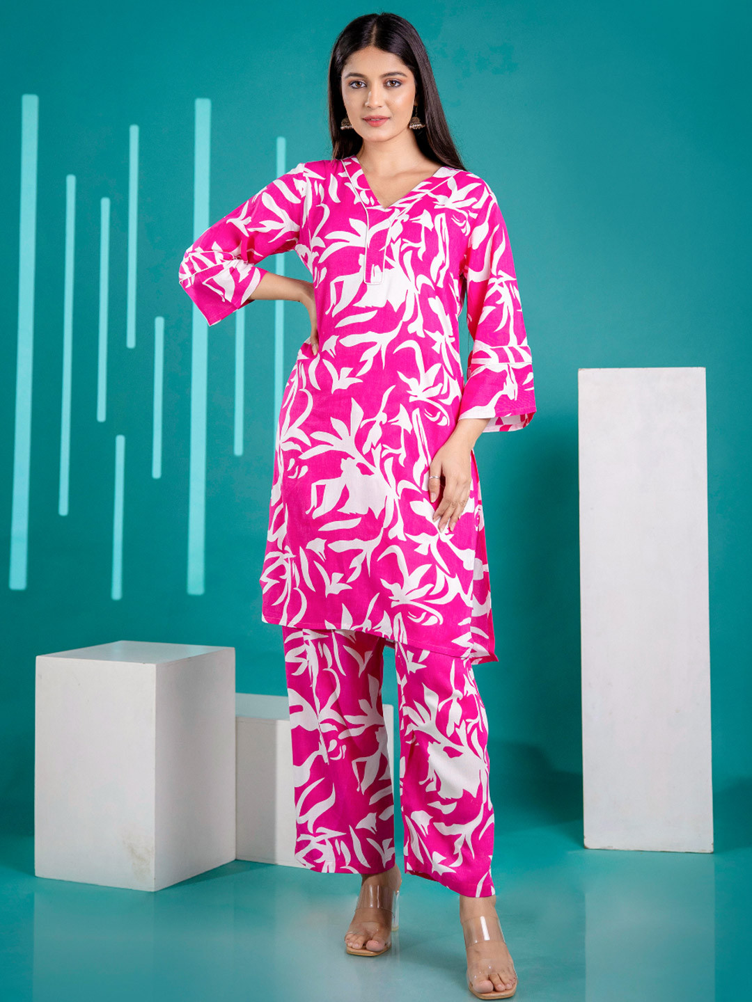 Buy Anouk Pink Floral Printed V Neck Pure Cotton Tunic And Trouser - Co ...