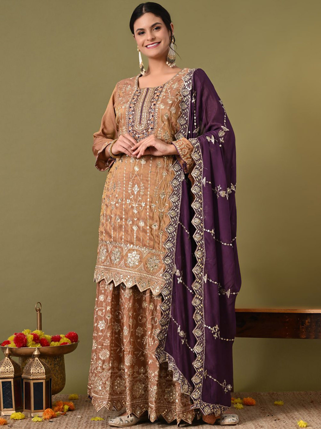 Buy ZARIKALI Floral Embroidered Scoop Neck Sequinned Work Straight ...