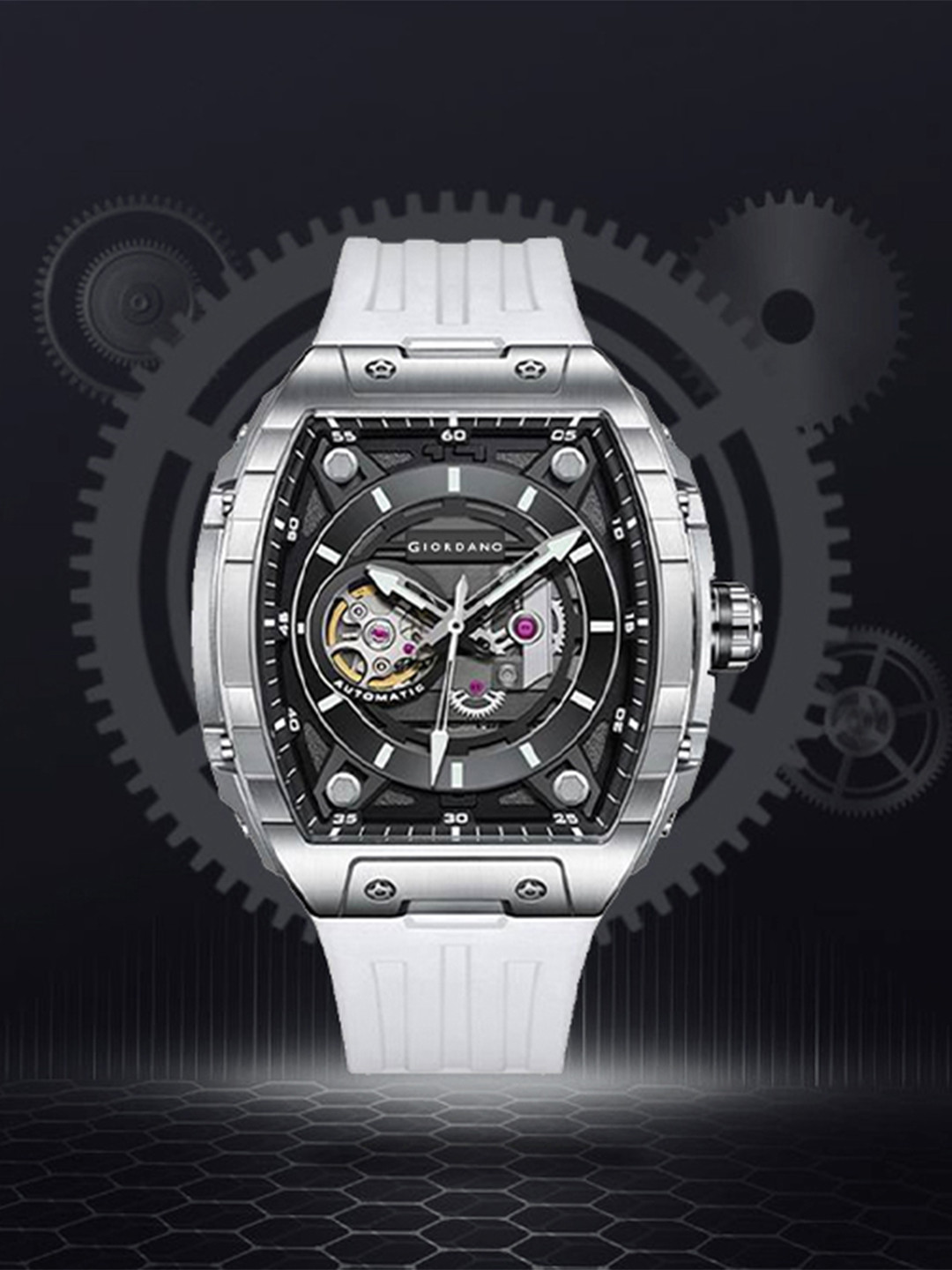 Buy GIORDANO Men Skeleton Self Winding 43mm Silicone Strap 30M Water ...