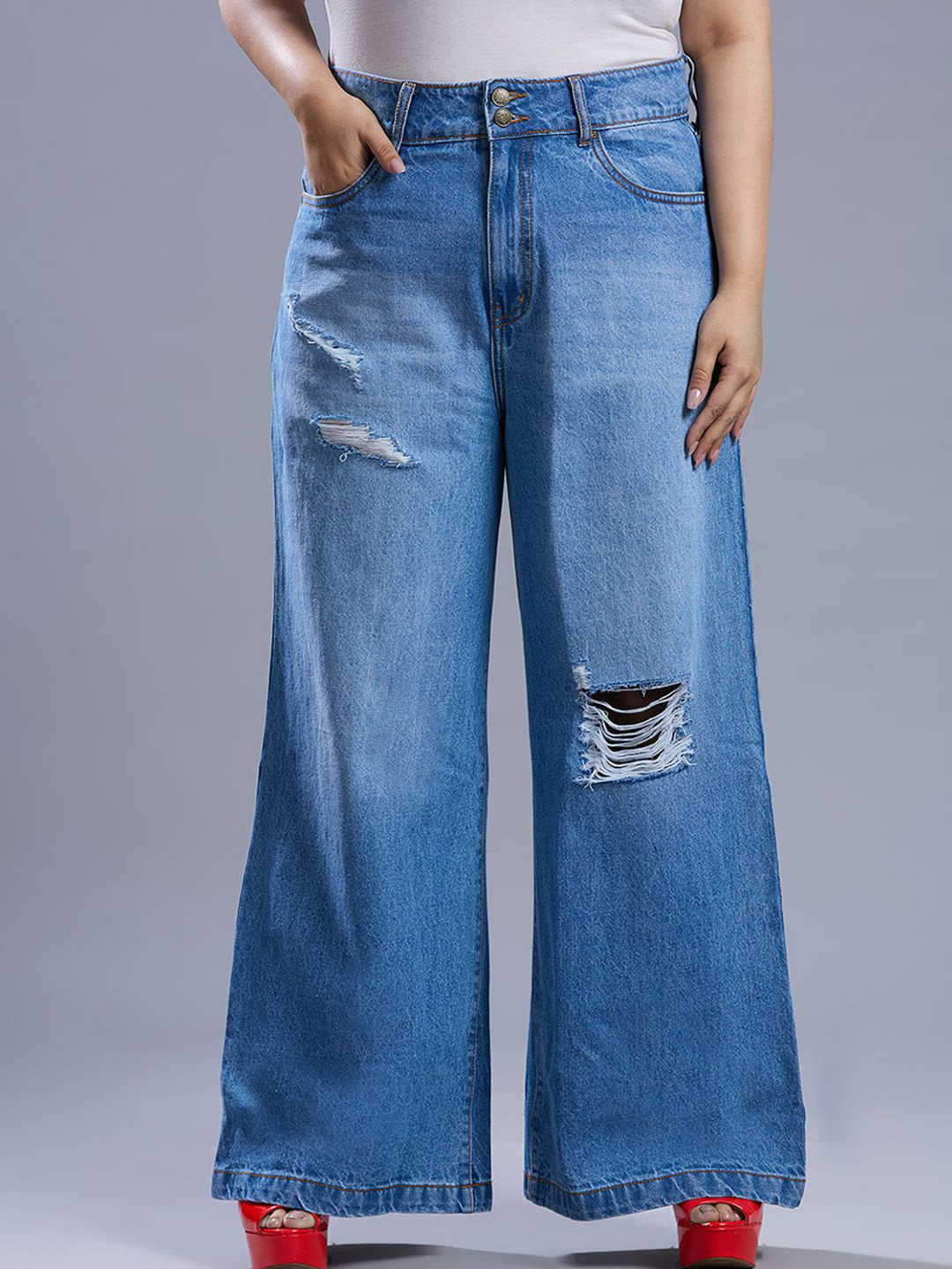 Buy Turning Blue Women Wide Leg High Rise Mildly Distressed Light Fade ...