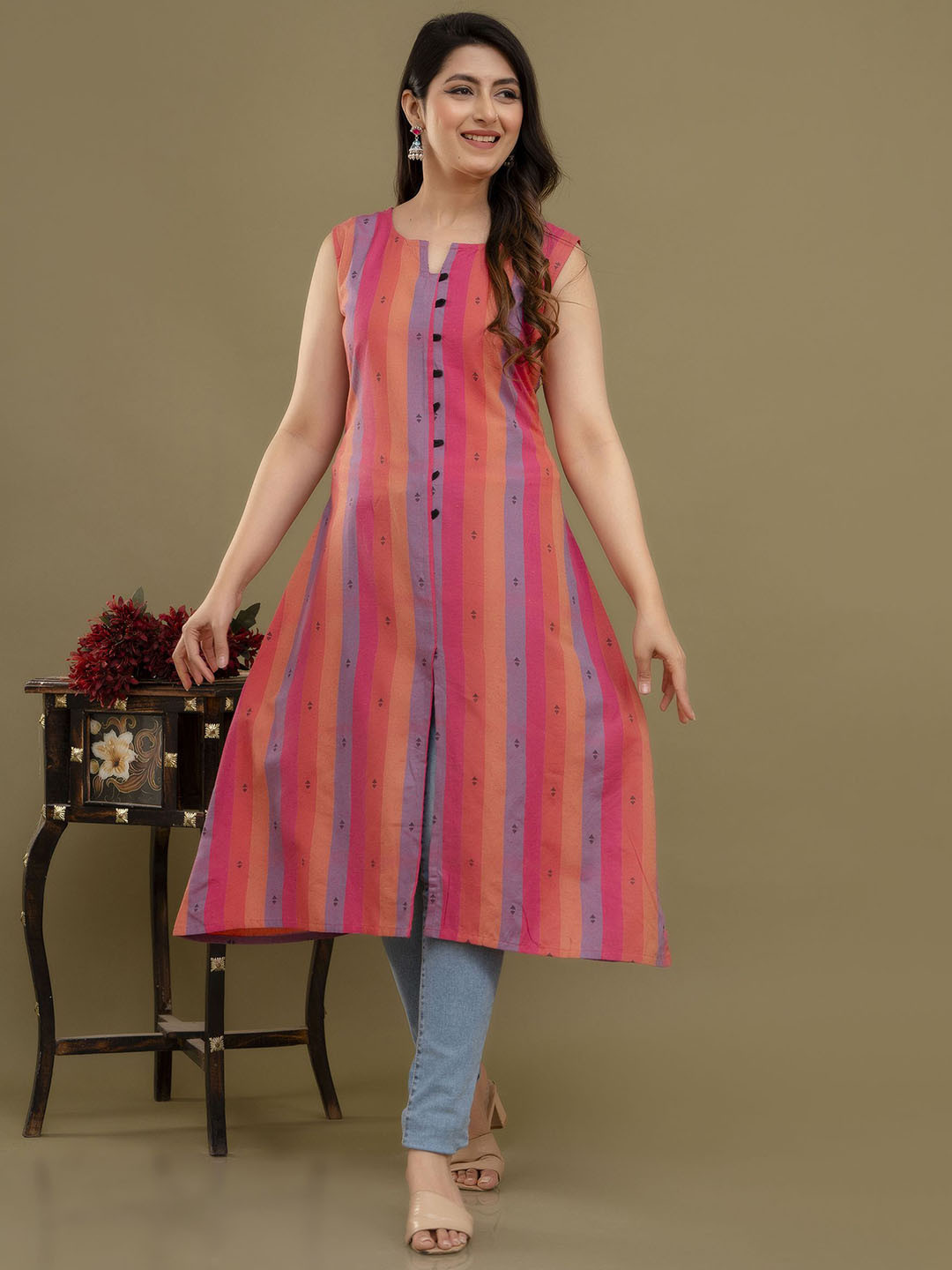 Buy Lerkiza Geometric Printed Notch Neck Sleeveless Pure Cotton A Line ...