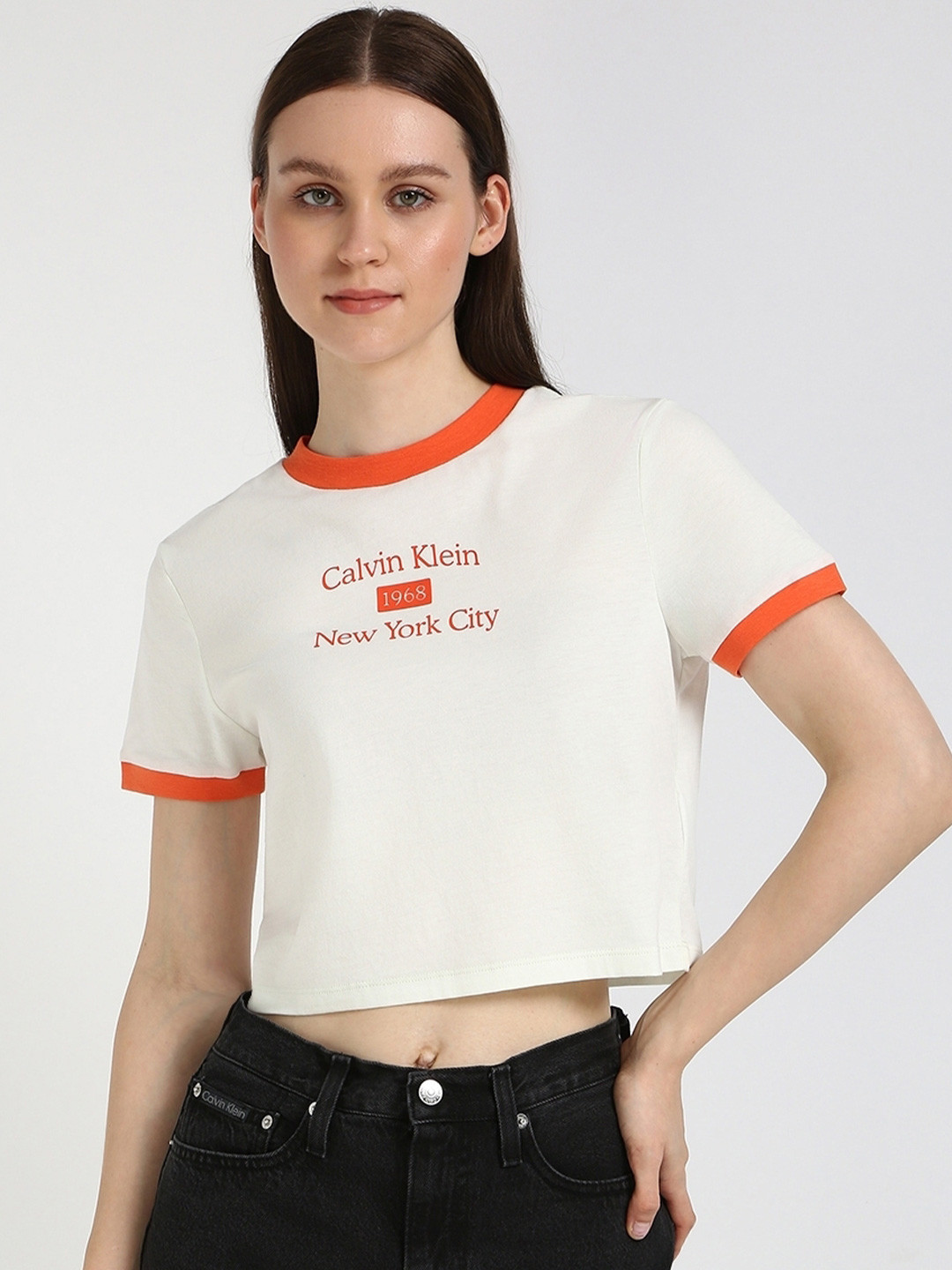 Buy Calvin Klein Jeans Women Typography Drop Shoulder Sleeves T Shirt ...